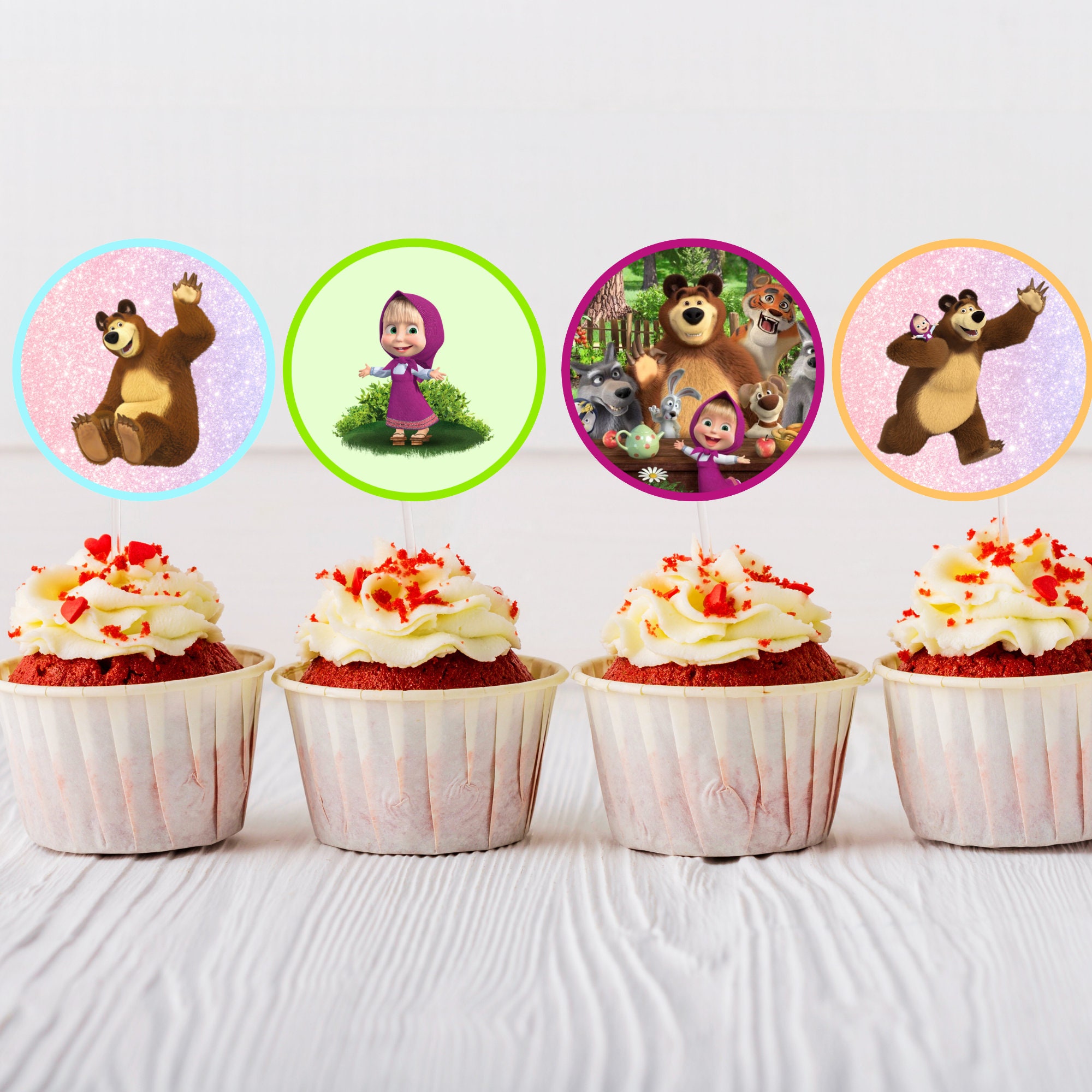 Masha and the Bear Cupcake Toppers Masha and the Bear Party Happy ...