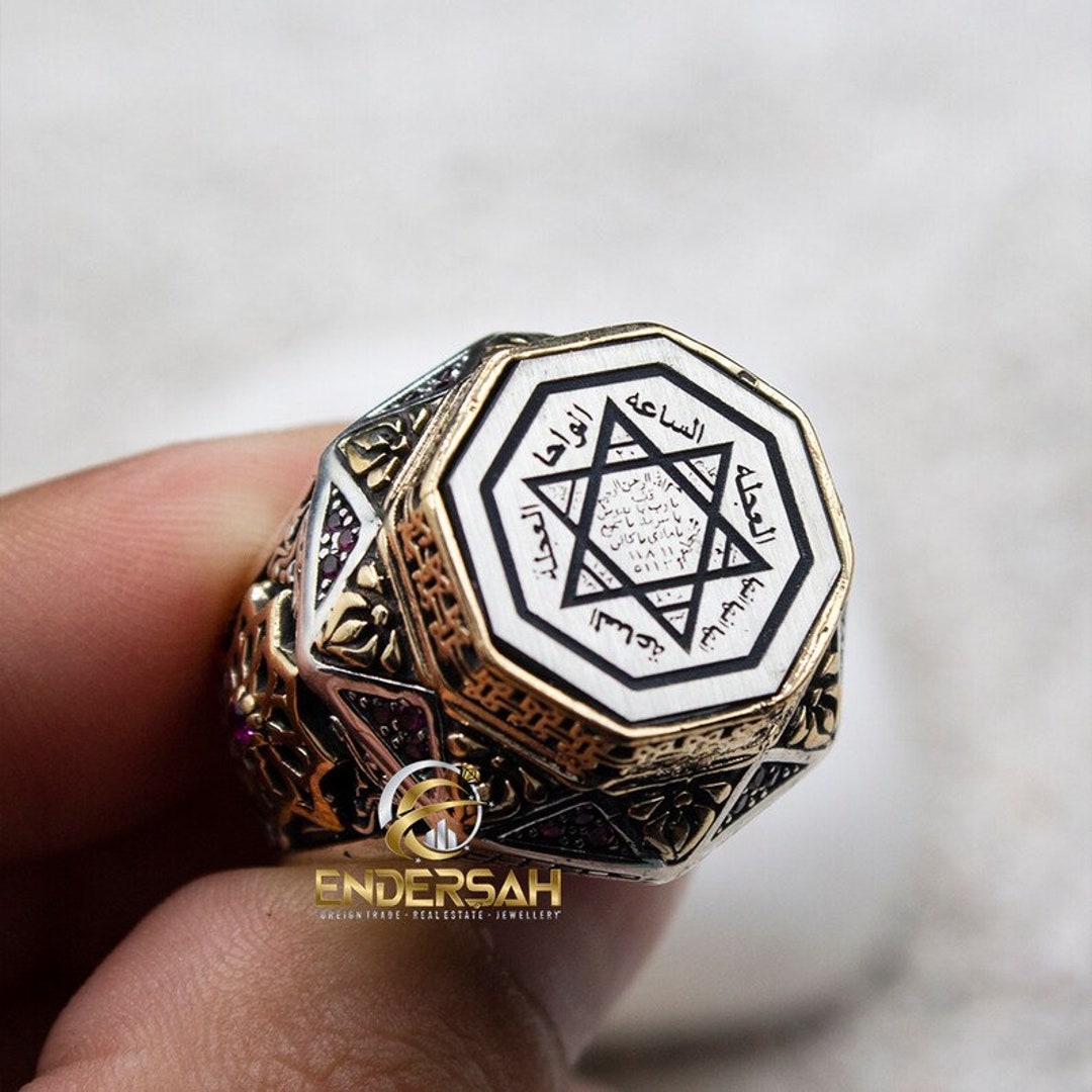 Seal of King Solomon Engraved Sterling Silver Men Ring, Star of Solomon Ring, Turkish Handmade ...