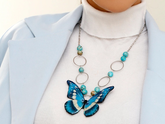 Blue Butterfly Bead Necklace Perfect Gift for Natural Stone Lover Gift for Nature Lover Stone Beaded Jewelry Big Butterfly Necklace