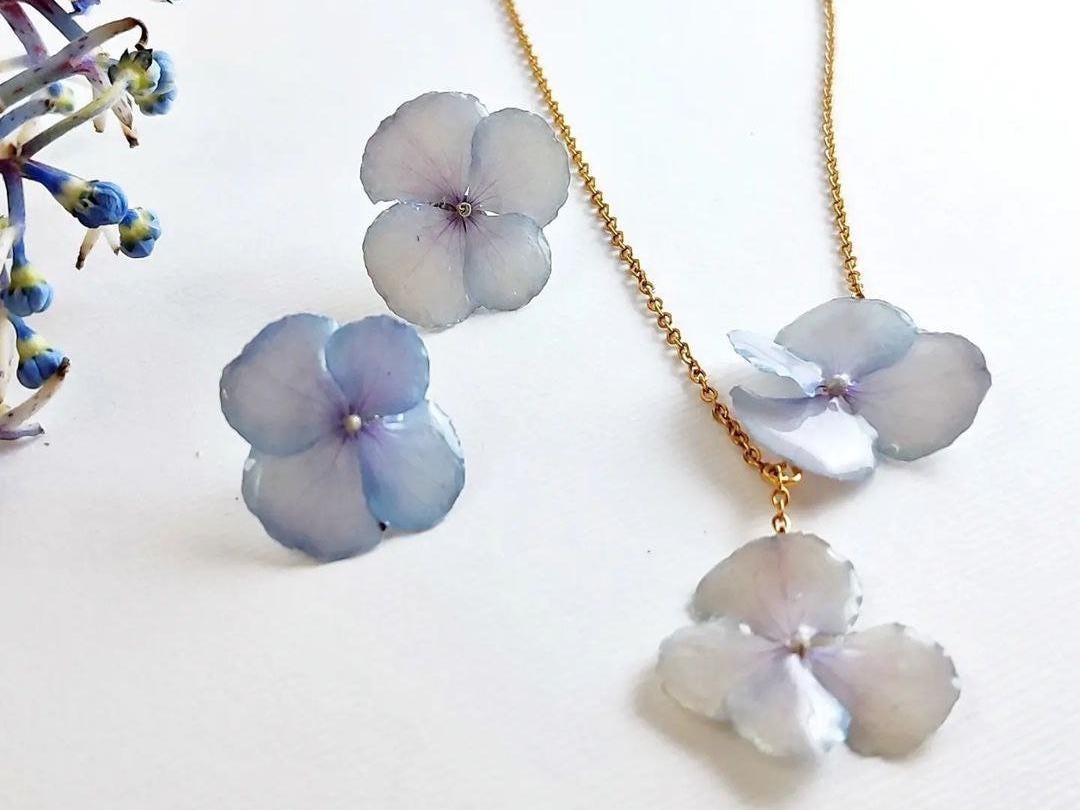 Floral Jewelry Set, Blue Hydrangea Earrings and Necklace, Handmade ...
