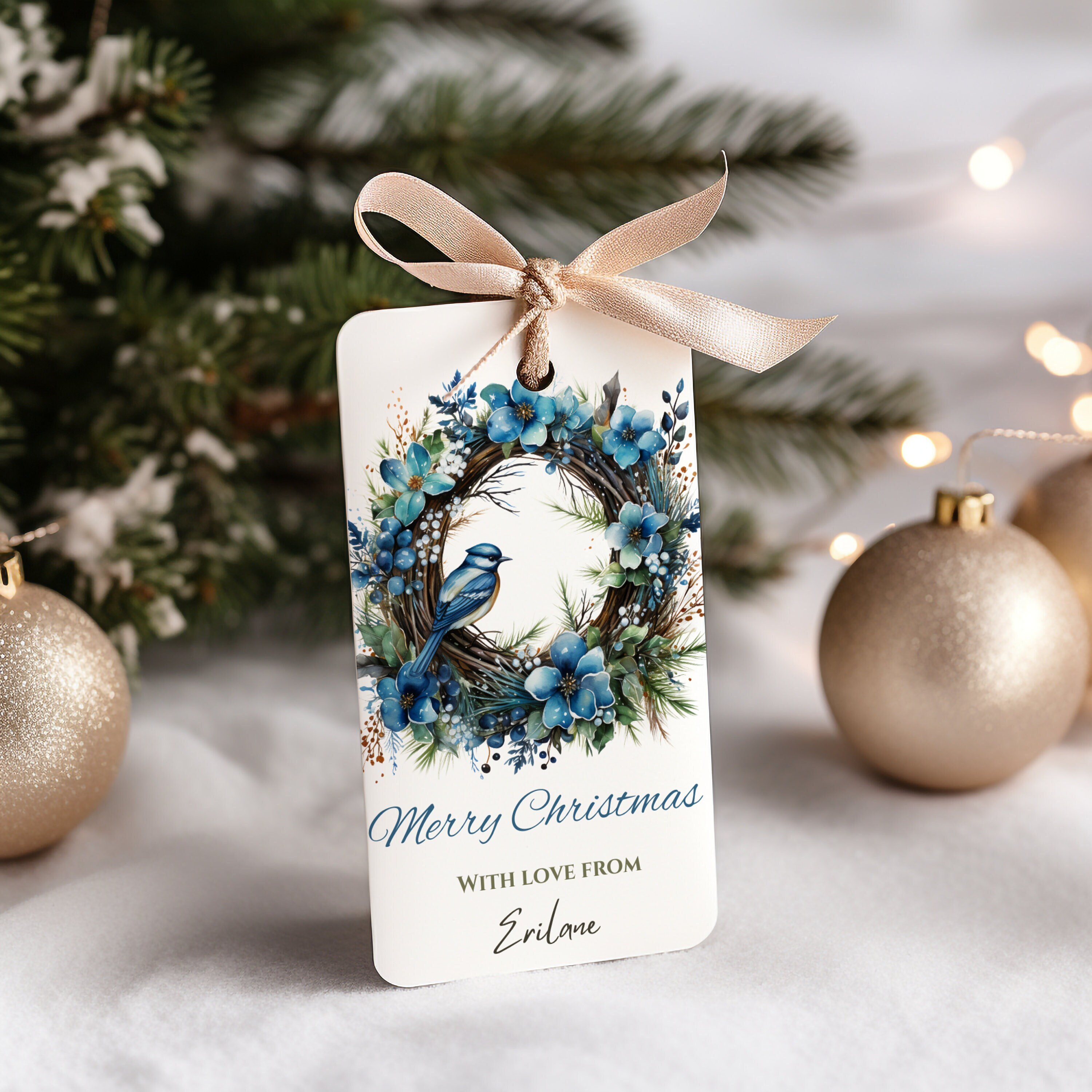 Printable Christmas Gift Tag, Editable Wreath Gift Tag Template, Bird ...