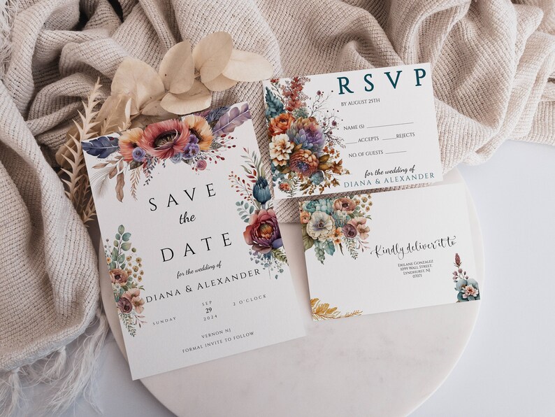 Boho Floral Wedding Invitation Template Elegant Typography Customizable ...