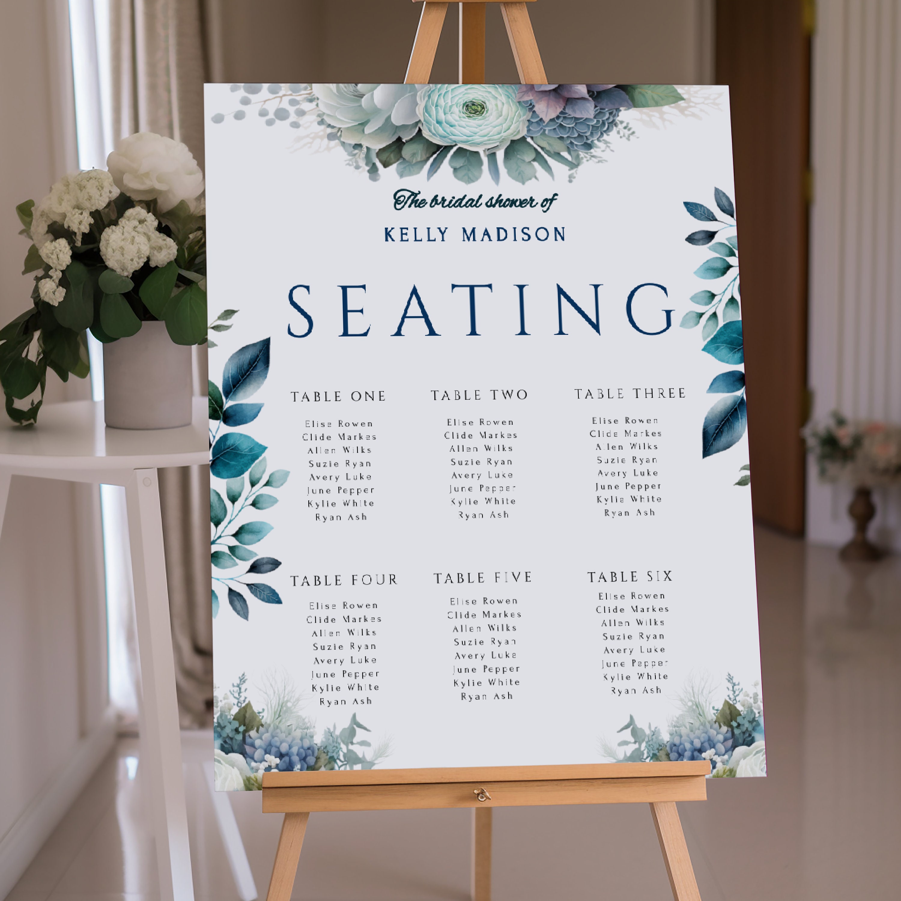 Light Blue Floral Seating Chart | Printable Modern Wedding Seating ...