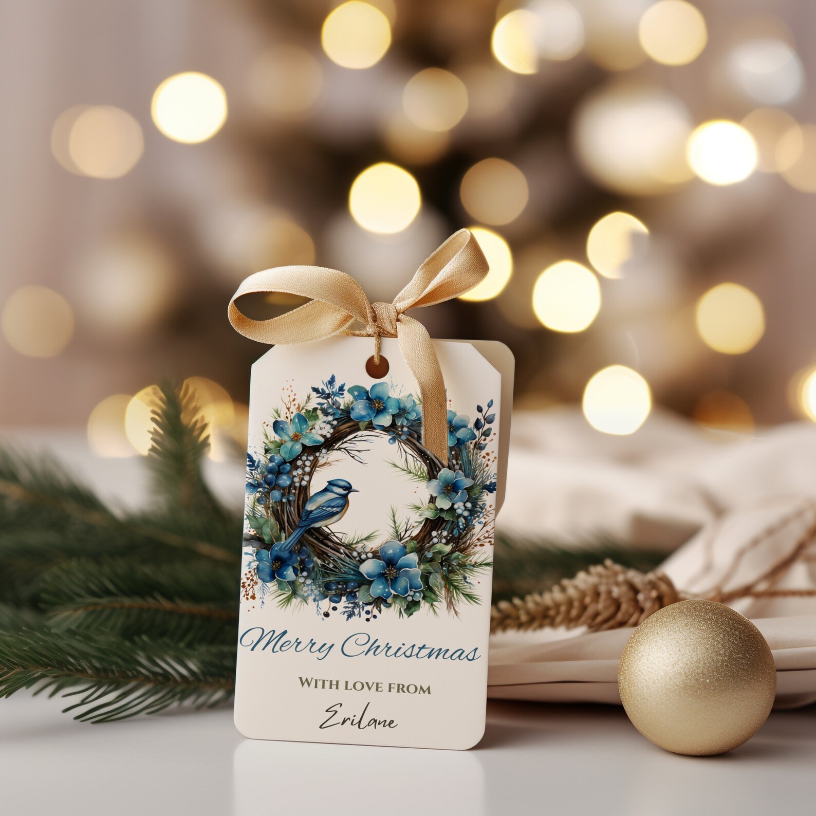 Printable Christmas Gift Tag, Editable Wreath Gift Tag Template, Bird ...