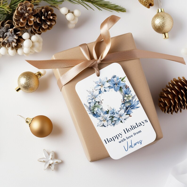 Winter Blue Christmas Gift Tag Printable, Winter Floral Gift Tag ...