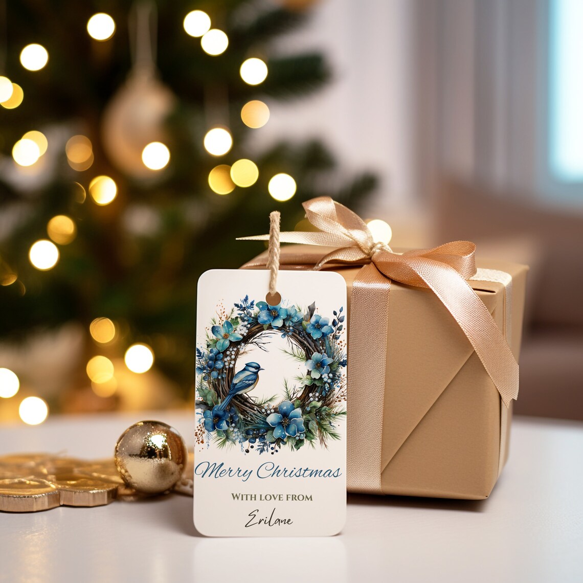 Printable Christmas Gift Tag, Editable Wreath Gift Tag Template, Bird ...