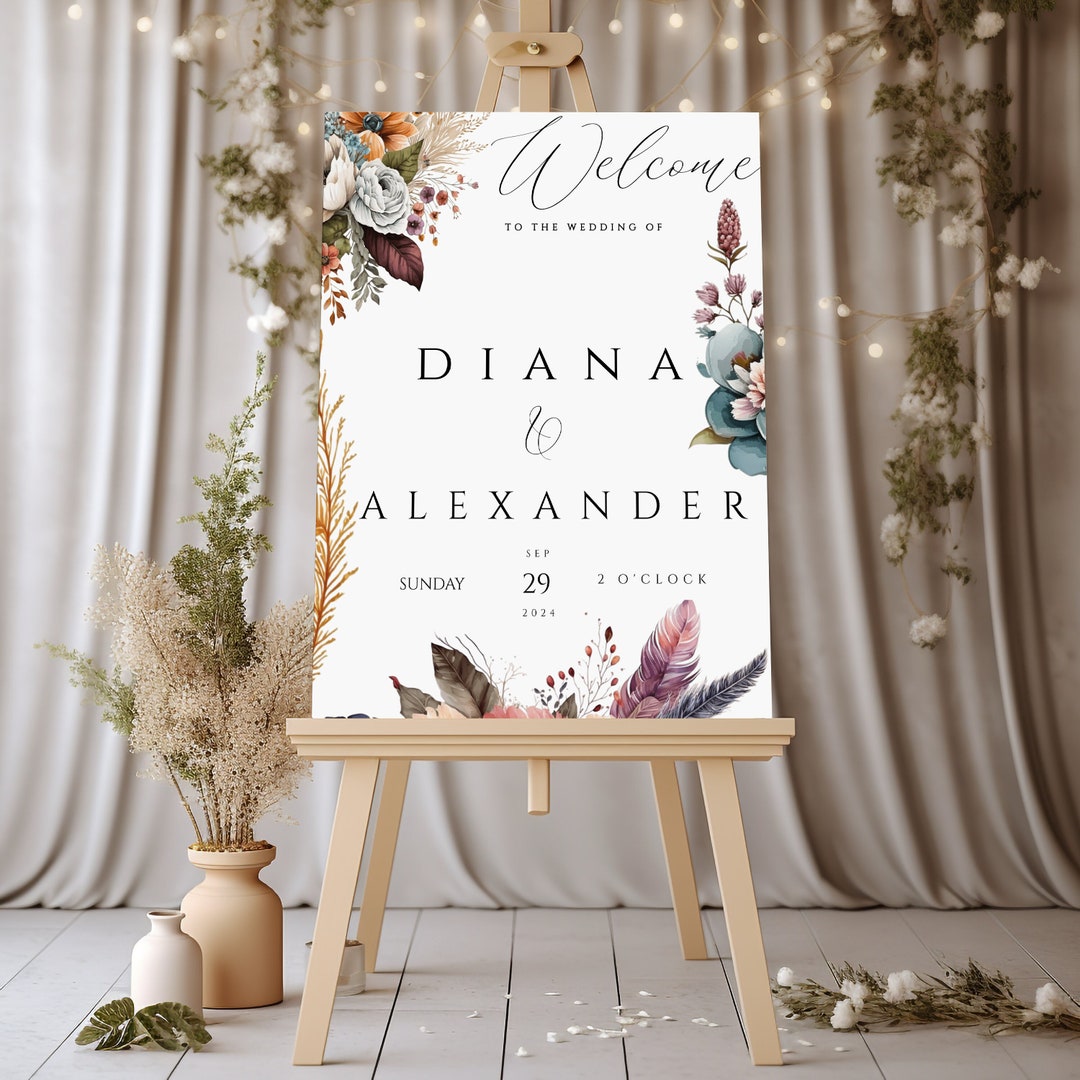 Boho Floral Wedding Welcome Sign | Editable Boho Wedding Sign Welcome ...