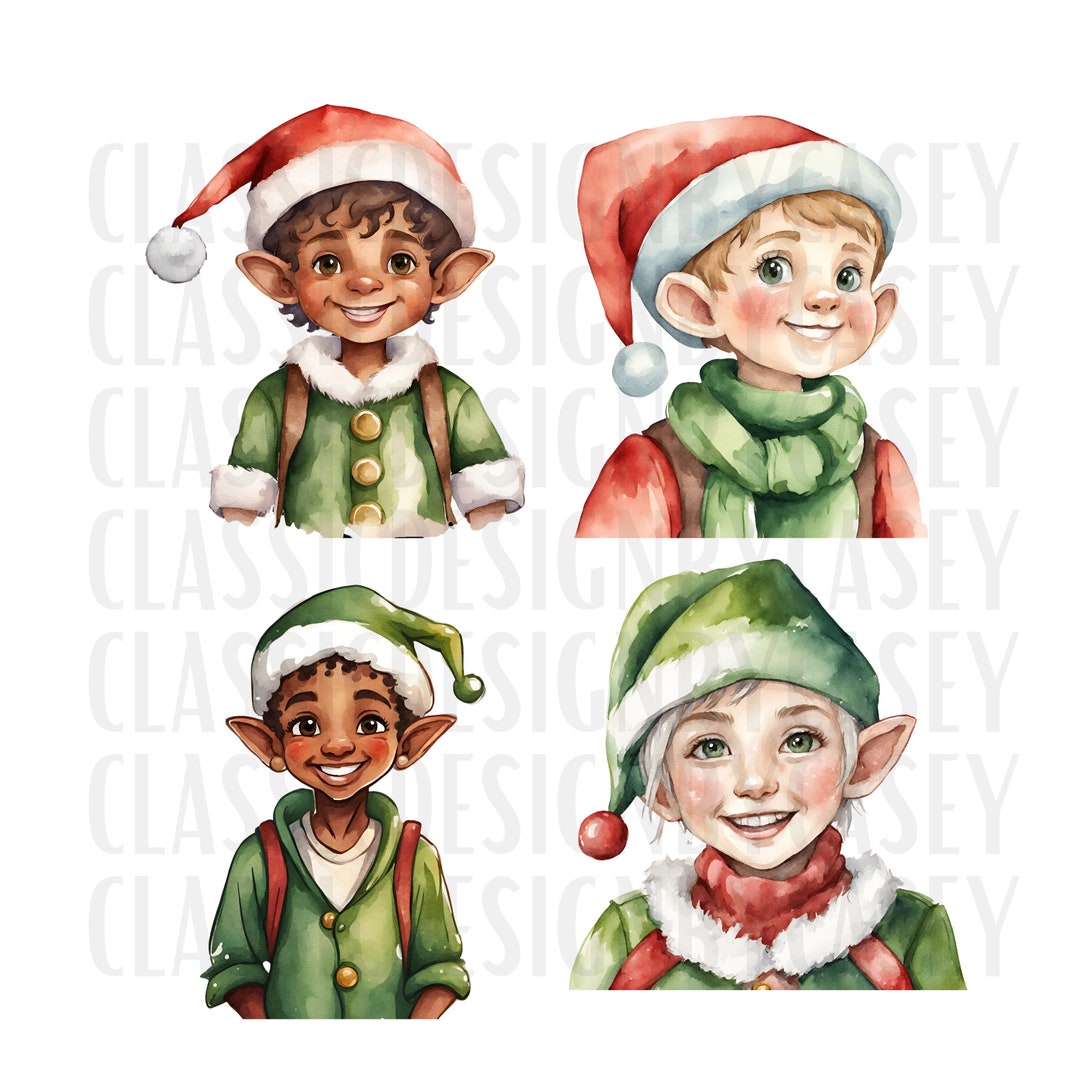 Christmas Boy Elves Clipart Set of 4 Watercolor Style, Diverse ...