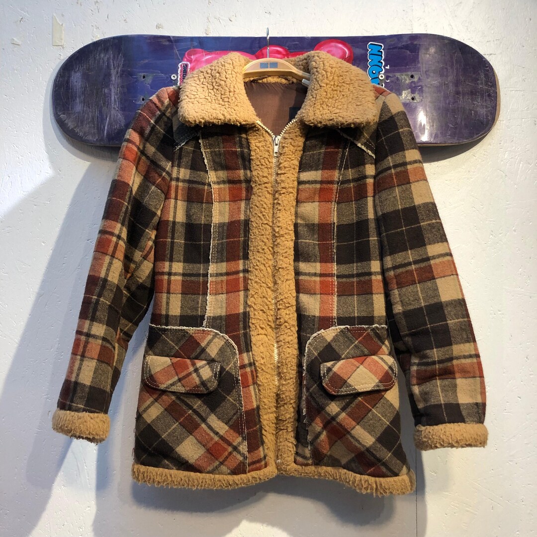 Vintage Plaid Sherpa Jacket for Women - Cozy 70s Style Checkered Coat ...