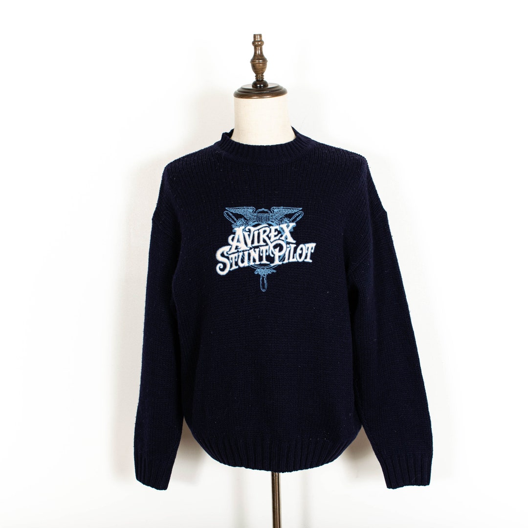Vintage Avirex Stunt Pilot Embroidery Blue Pullover Wool Blend Knit ...