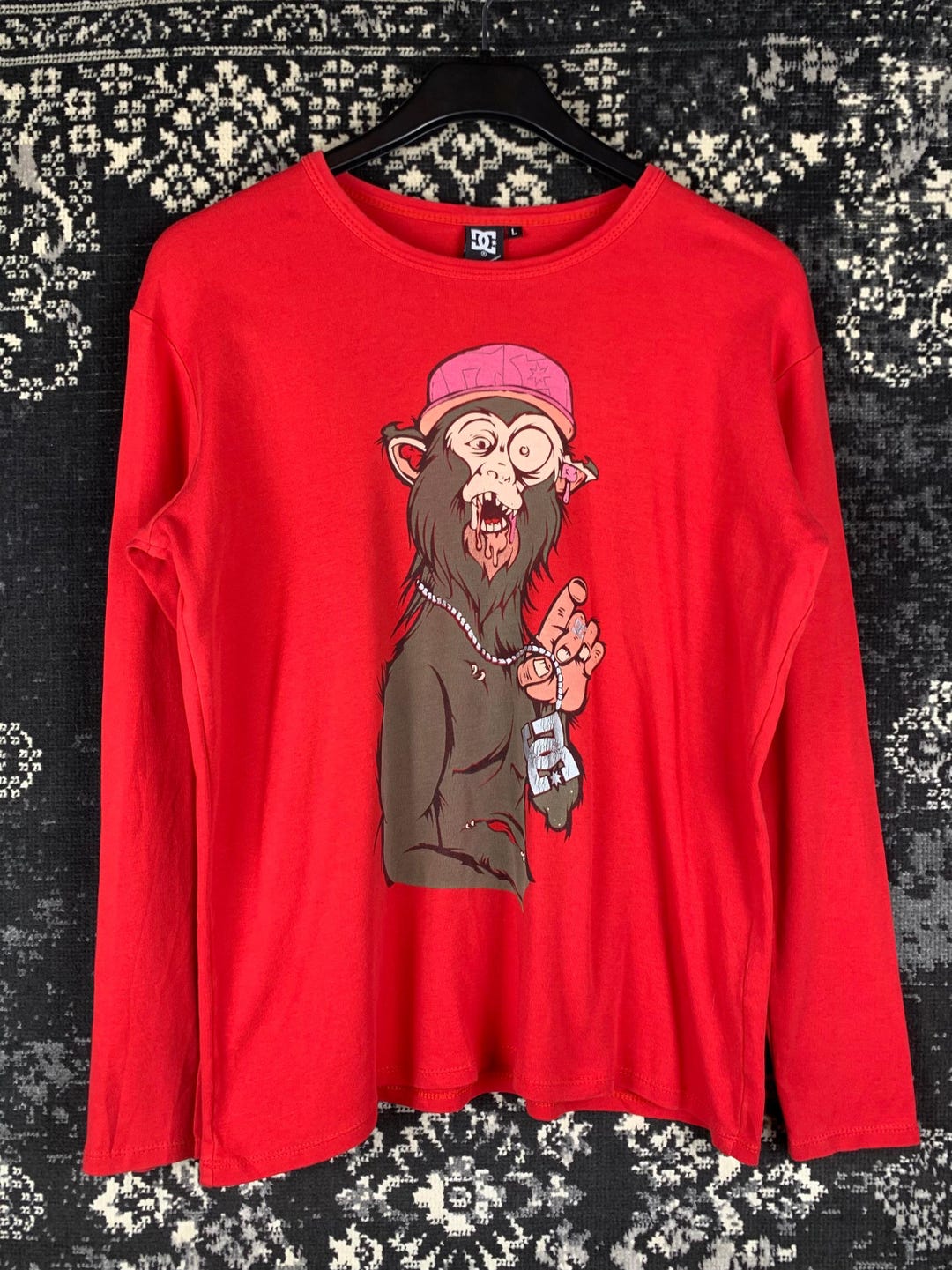 Men's Y2K DC Graphic Red Longsleeve Shirt - Cartoon Monkey Print Skate ...