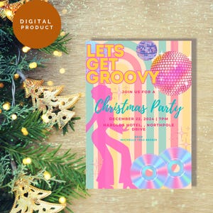 Disco Christmas Editable Invitation Card for 70's Retro Christmas Party ...