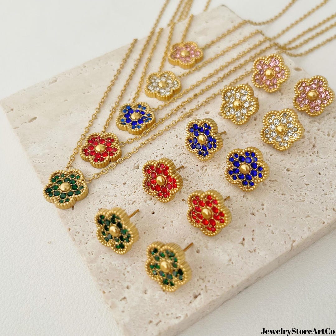 14K Gold Enamel Four Leaf Clover Van Cleef Bracelet / Dainty Gold Van Cleef Necklace / Solid ...