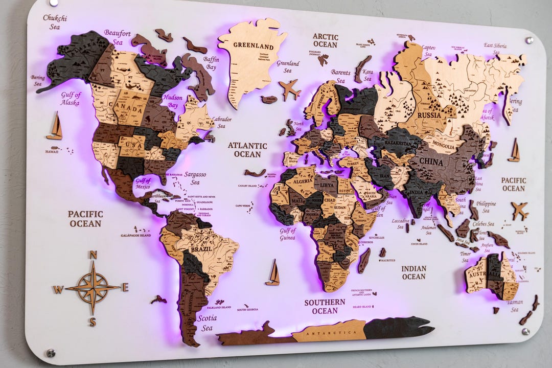 3D Led Wooden World Map, Housewarming Gift, Living Room Decor, World ...