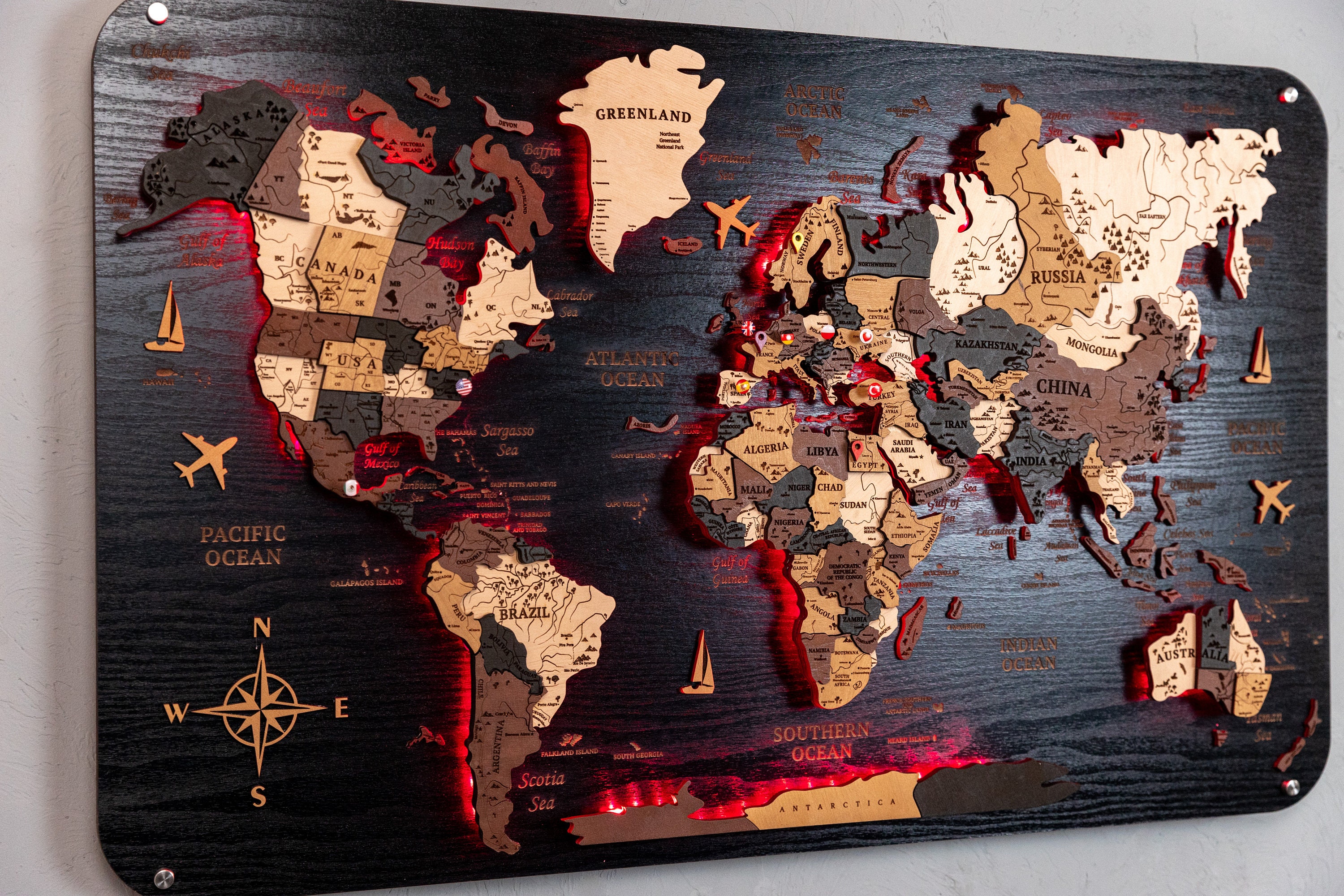 Wood Wall Map Home Decor, Travel Map Apartment Decor, Push Pin Map ...