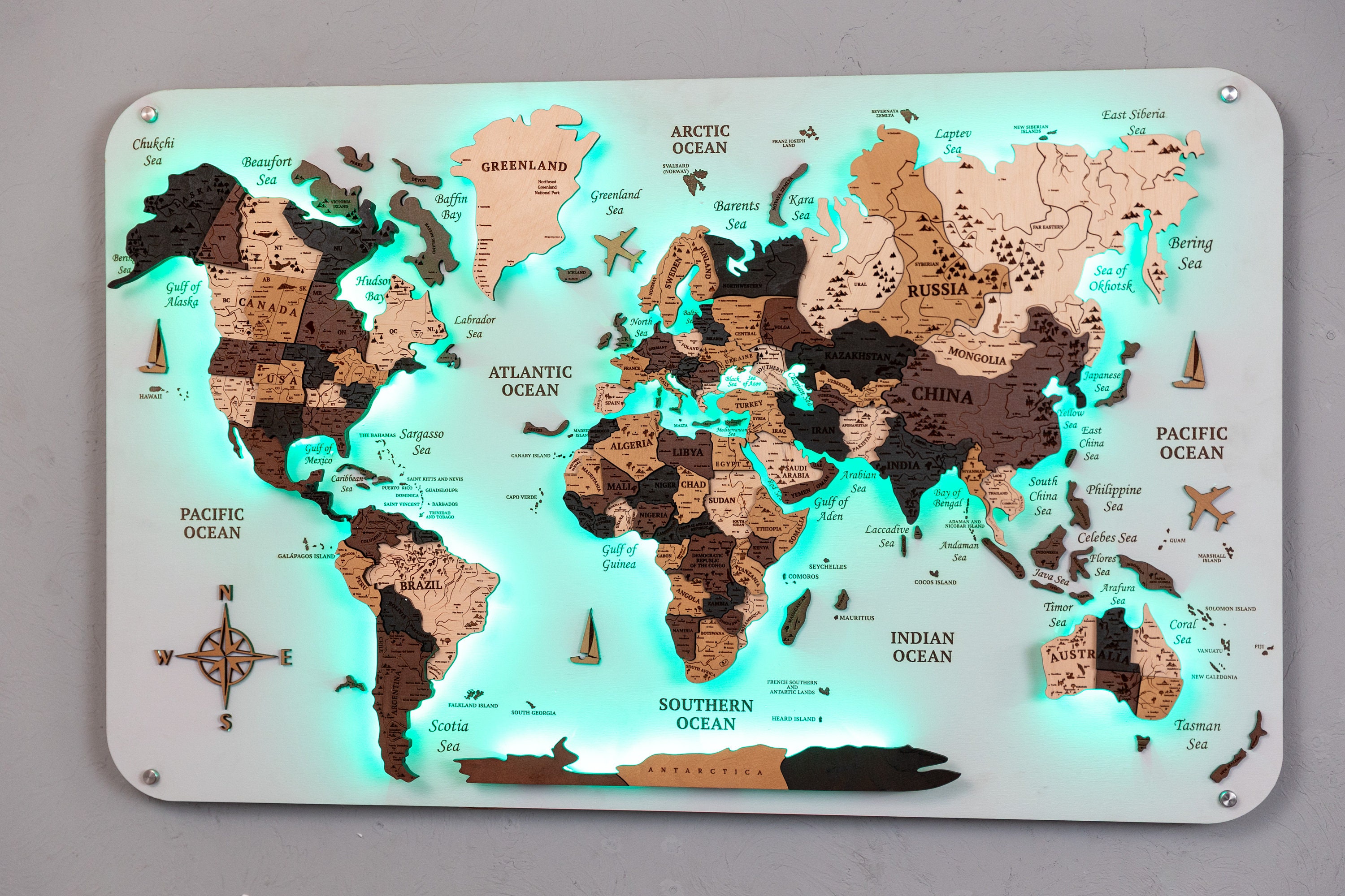 Wood Wall Map Led Backlight, Modern World Map Couples Gift, Adventure ...