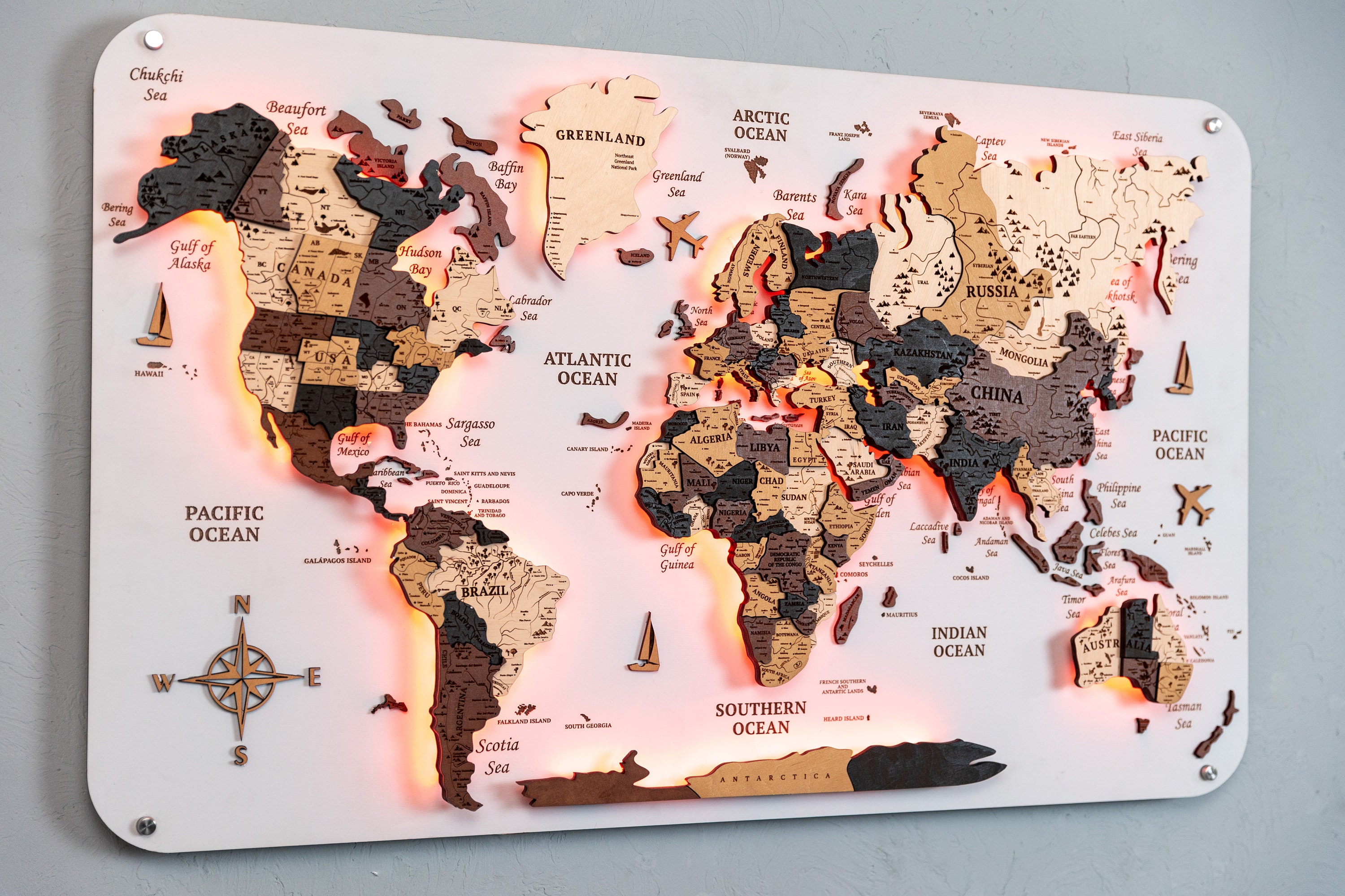 Wood Wall Map Led Backlight, Modern World Map Couples Gift, Adventure ...