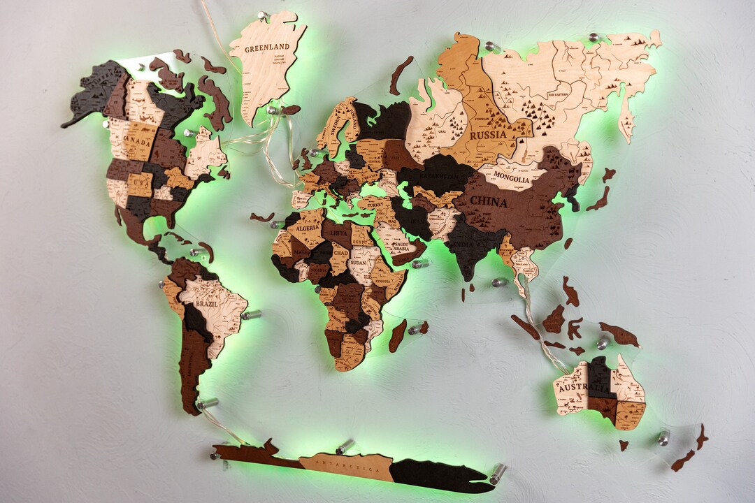 Led Wooden World Map Push Pin Apartment Decor, World Map Wall Art ...