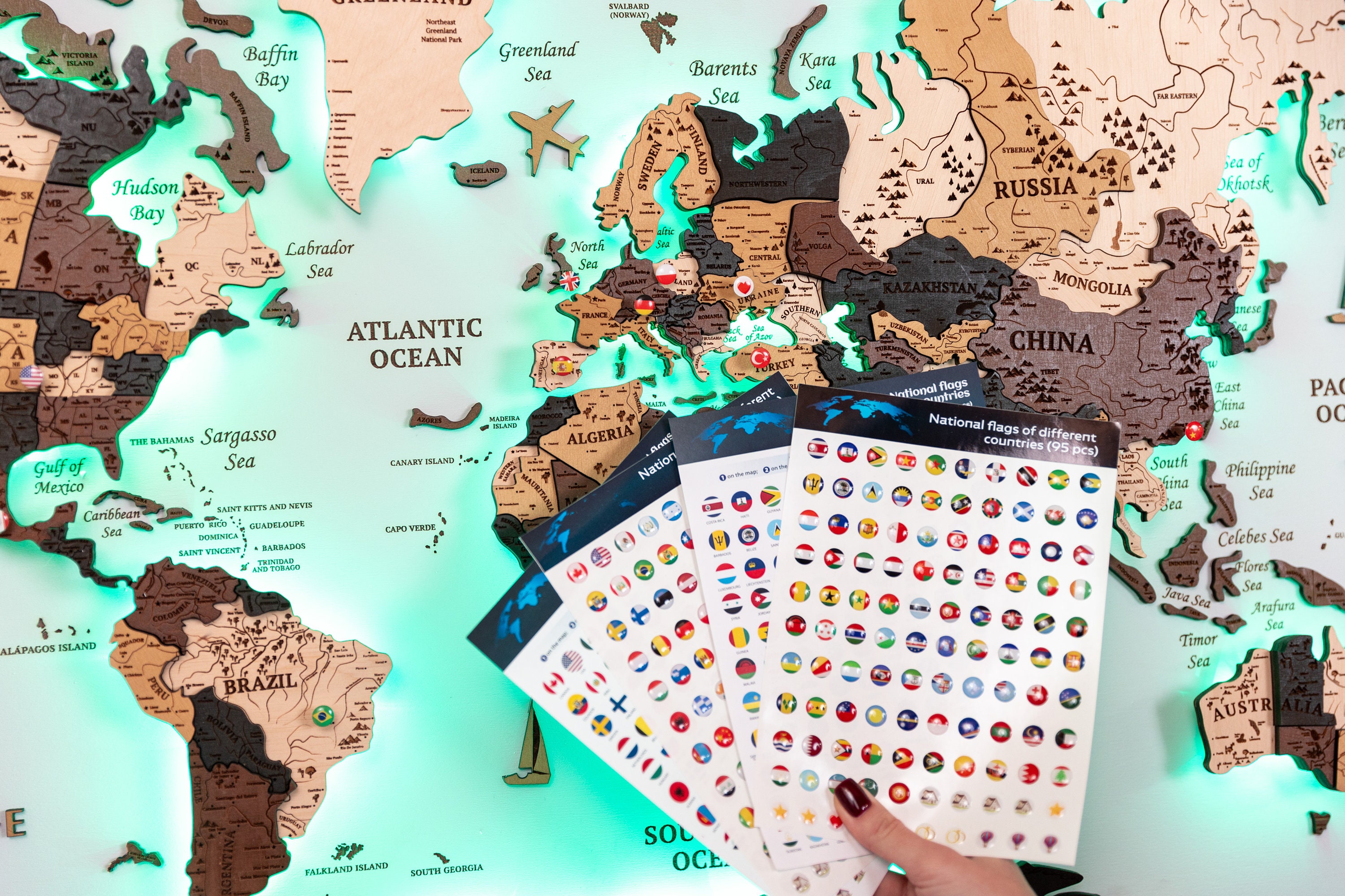 Wood Wall Map Led Backlight, Modern World Map Couples Gift, Adventure ...