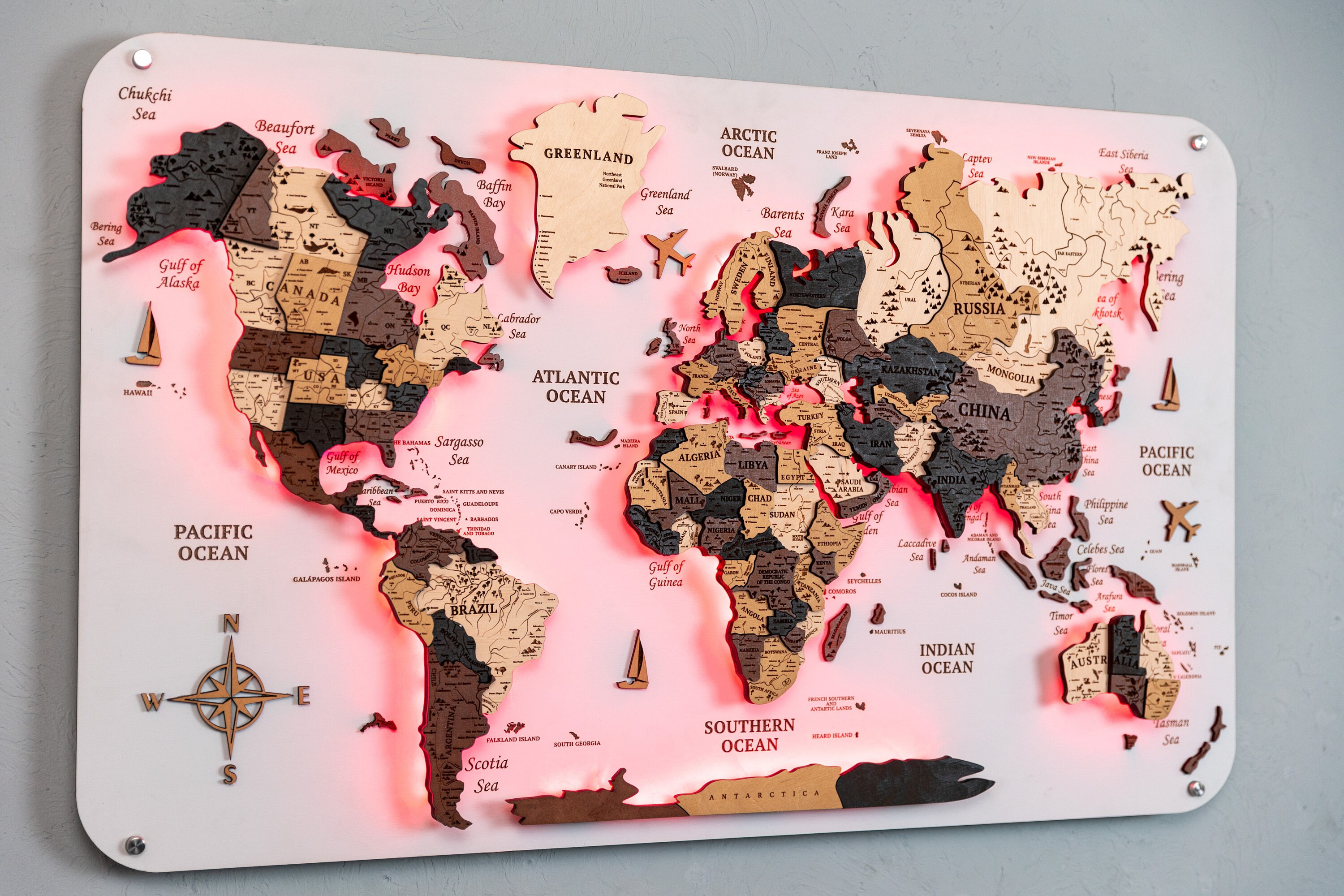 Wood Wall Map Led Backlight, Modern World Map Couples Gift, Adventure ...