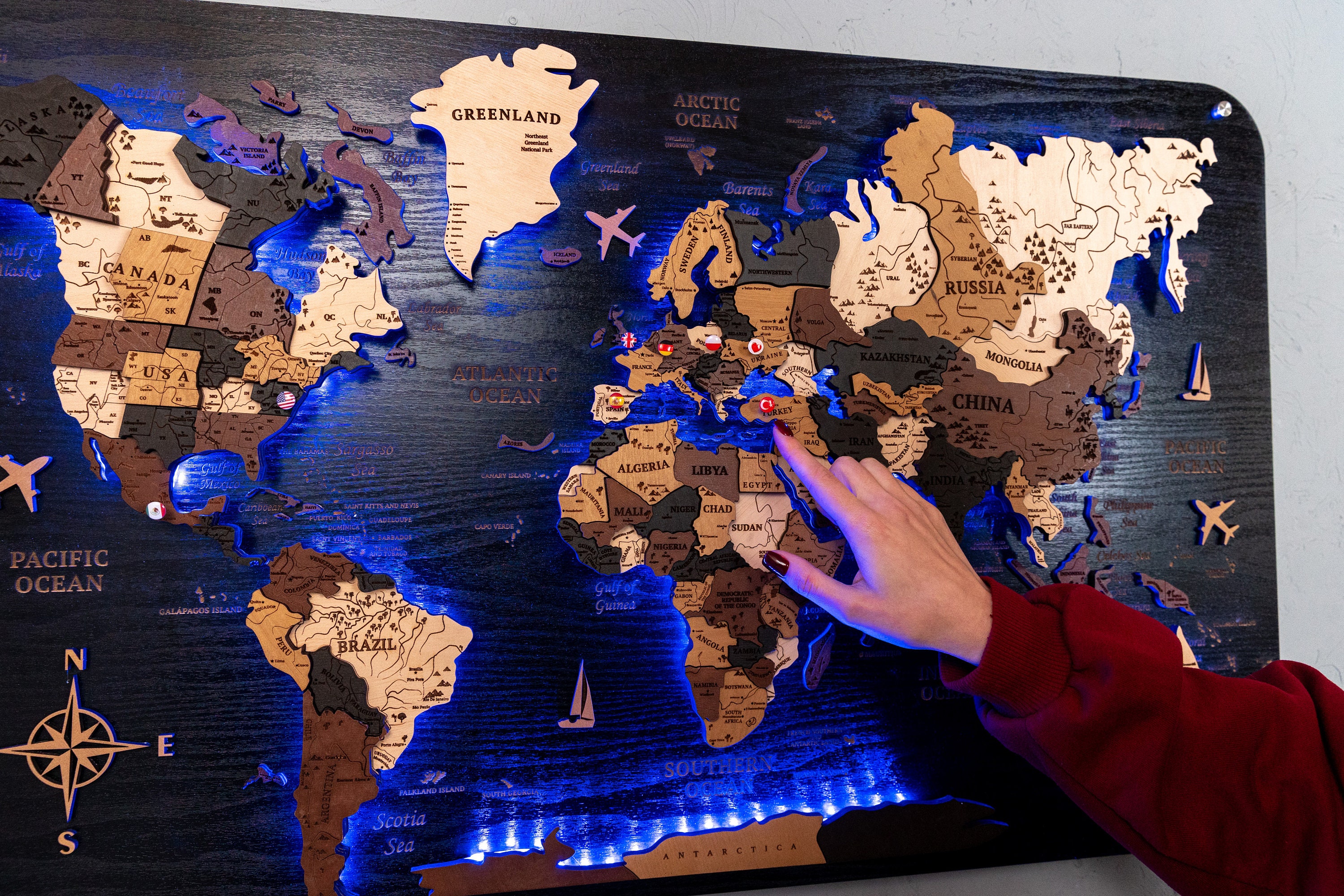 Wood Wall Map Home Decor, Travel Map Apartment Decor, Push Pin Map ...