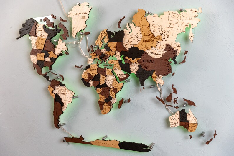 Led World Map Push Pin, Adventures Map Couples Gift, Home Decor Wooden ...