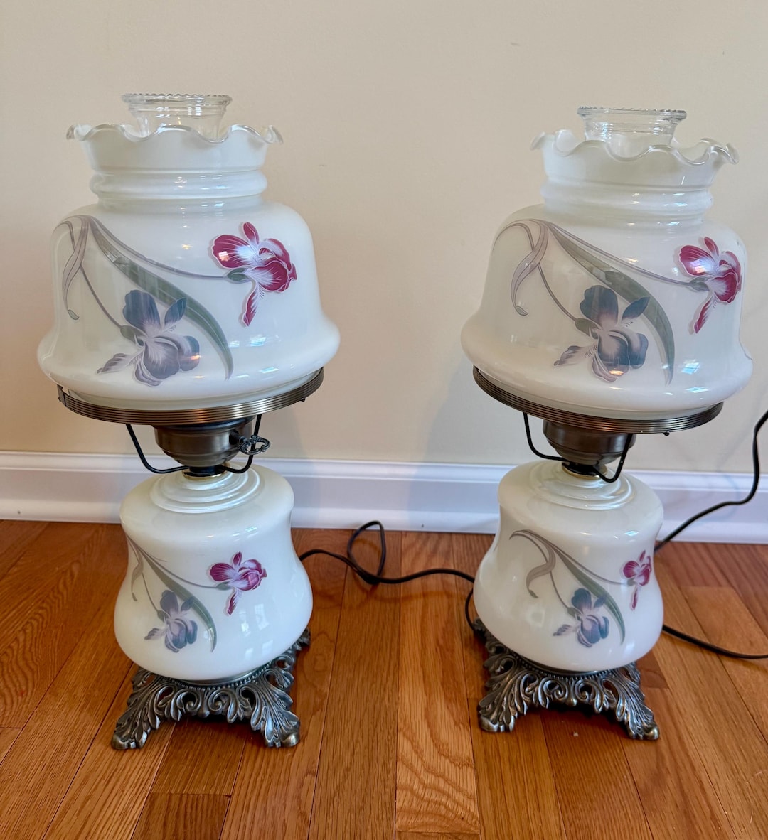 Vintage Pair of Hurricane Lamps With Iris Design - Etsy