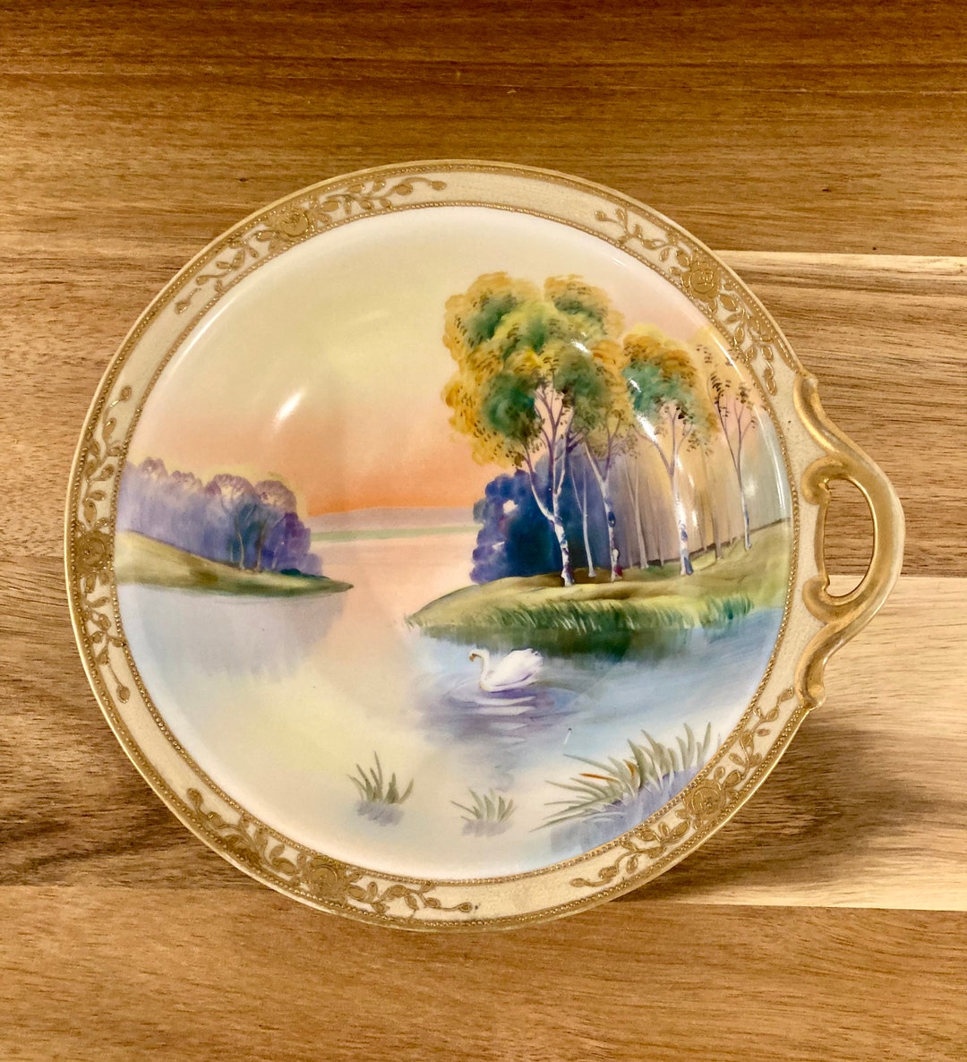 Vintage Nippon Hand Painted One Handed Bowl Swan Scene - Etsy