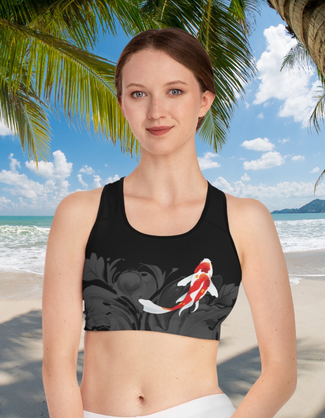 Dark Koi Fish Swimwear Bathing Suit Sport Bra Top, Custom Active Wear ...