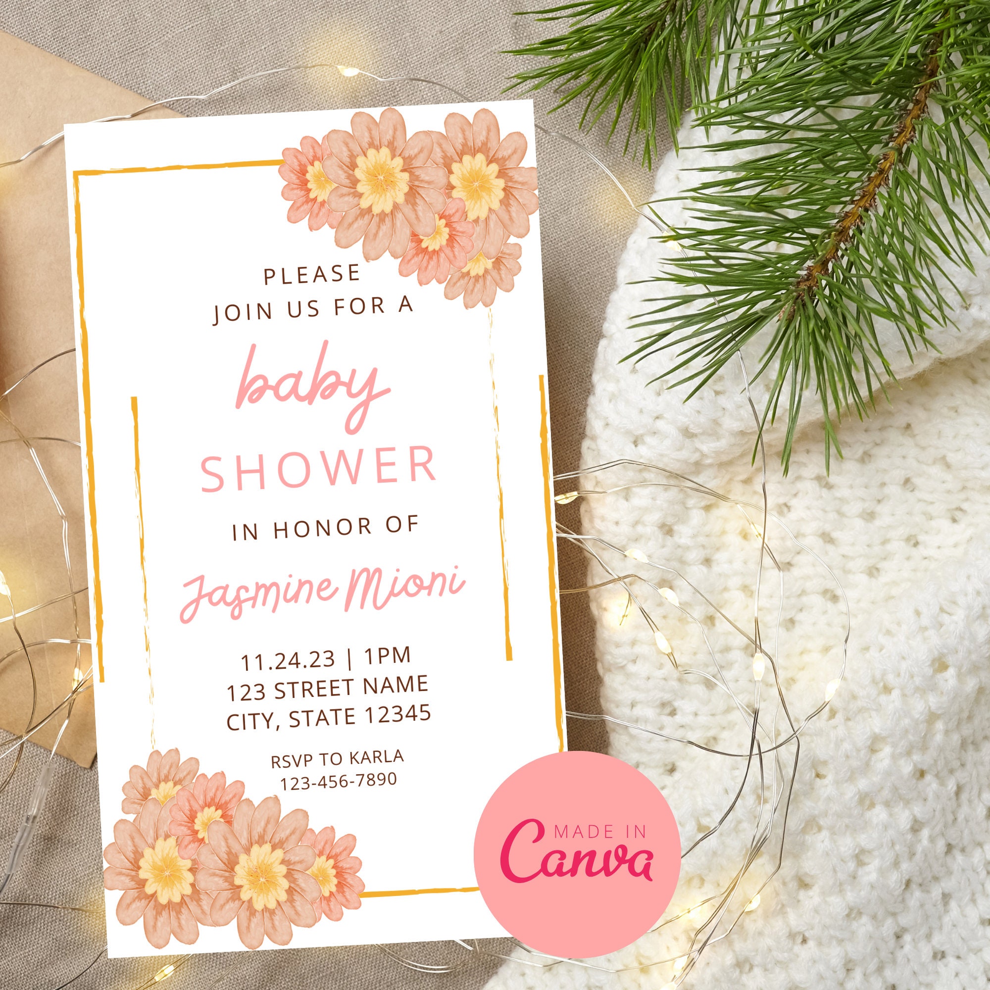 Light Pink Flower Baby Shower Invitation, Baby Shower, Baby Shower ...