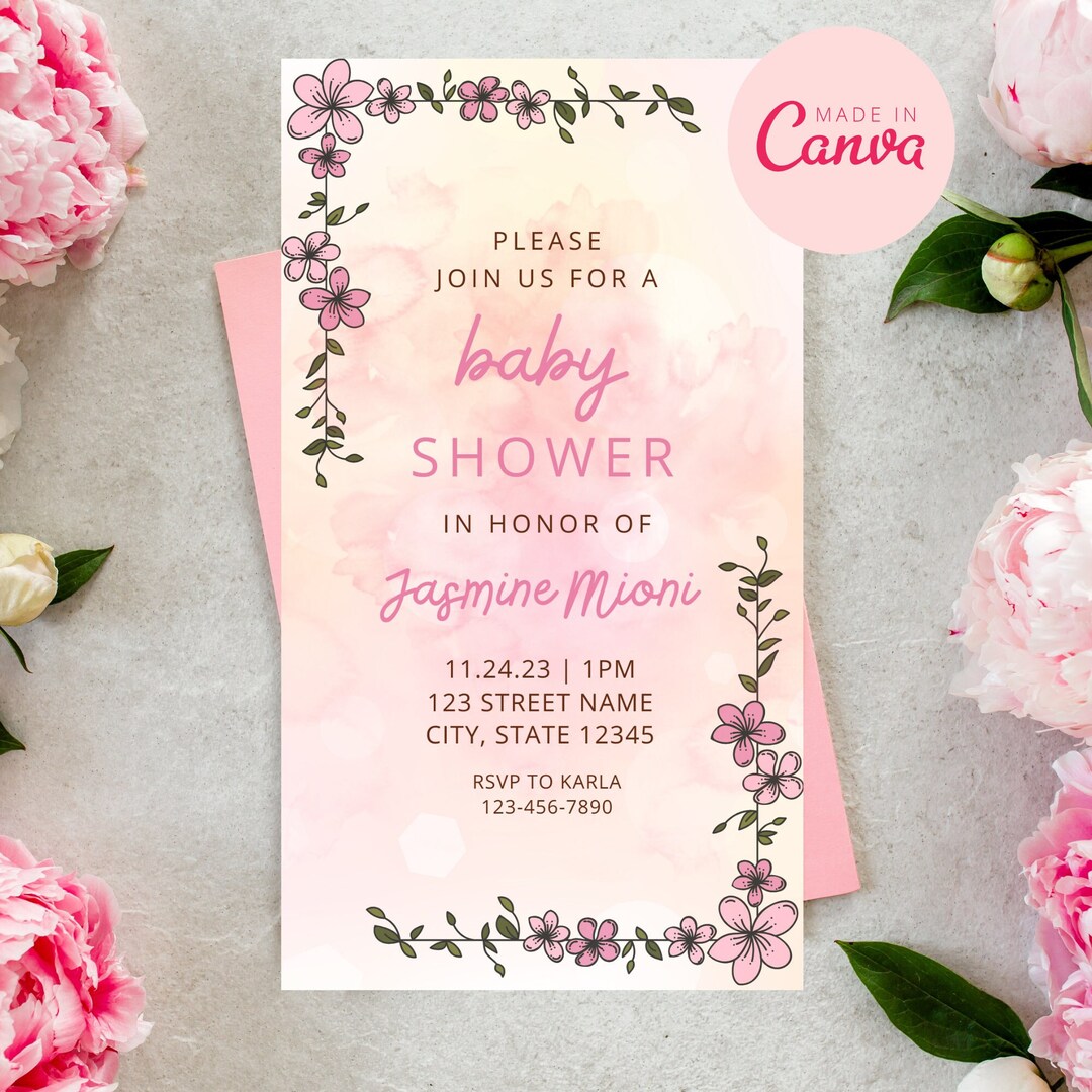 Pink Vine Flower Baby Shower Invitation, Baby Shower, Baby Shower ...