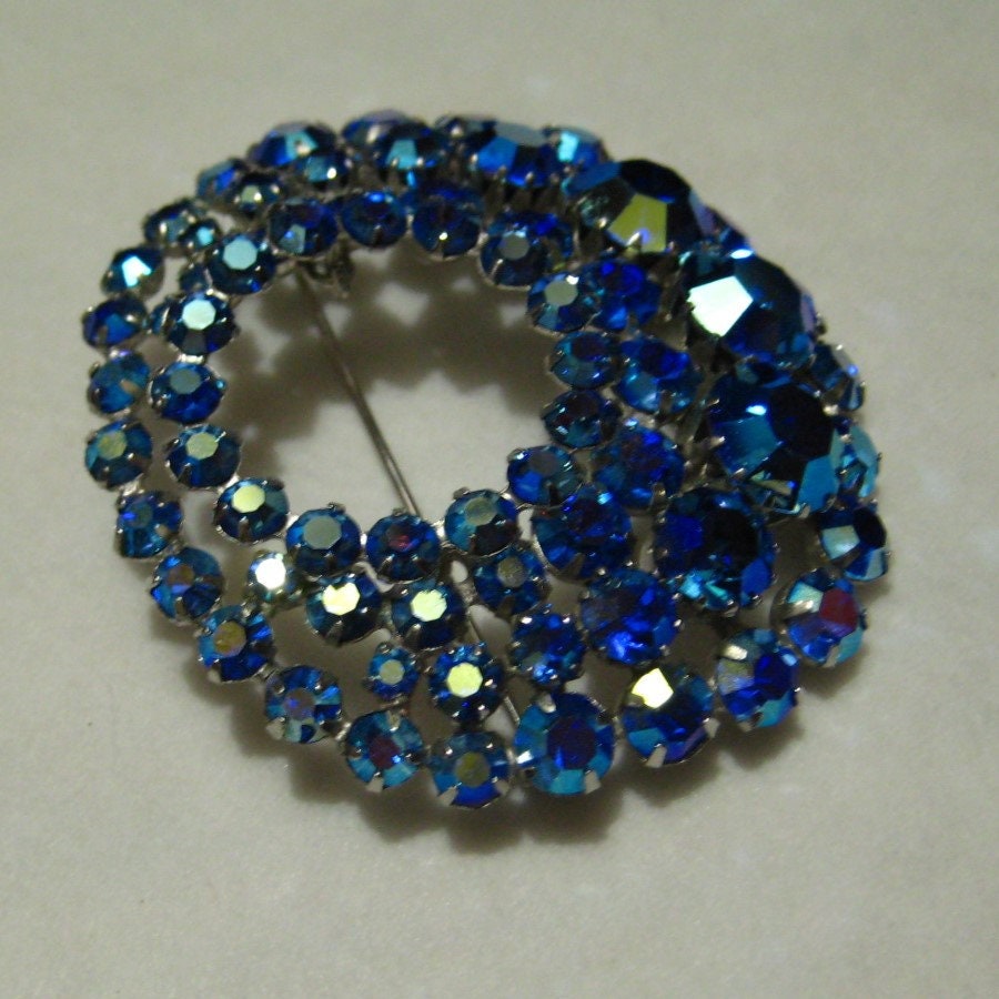 SHERMAN Blue Open Circle Brooch, Vintage Sherman Signed Rhinestone, Gus ...