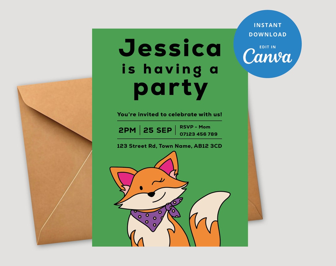 Fox Theme Kids Birthday Party Invitation Digital and Editable Invite ...