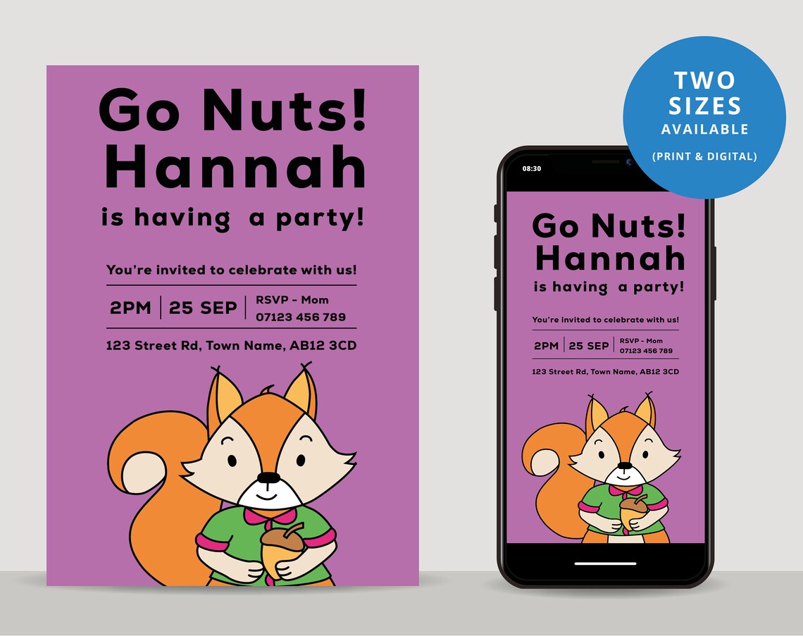 Squirrel Theme Kids Birthday Party Invitation Digital and Editable ...