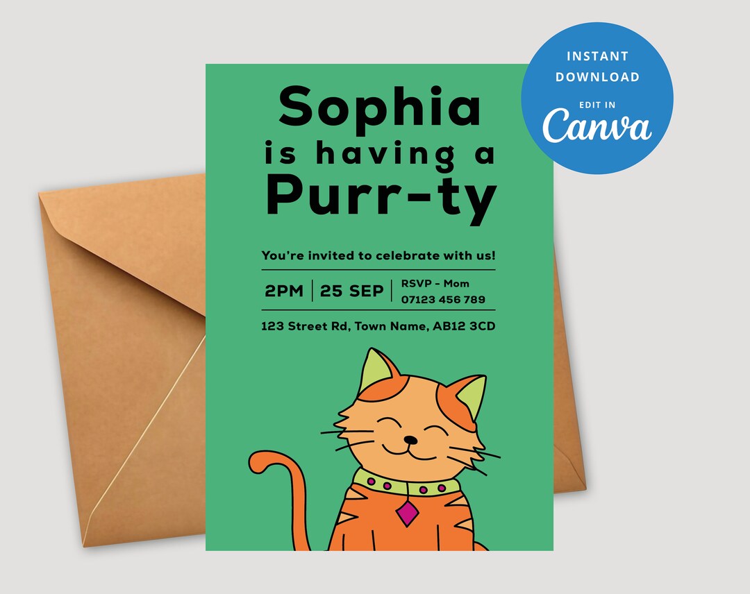 Cat Theme Kids Birthday Party Invitation Digital and Editable Invite ...