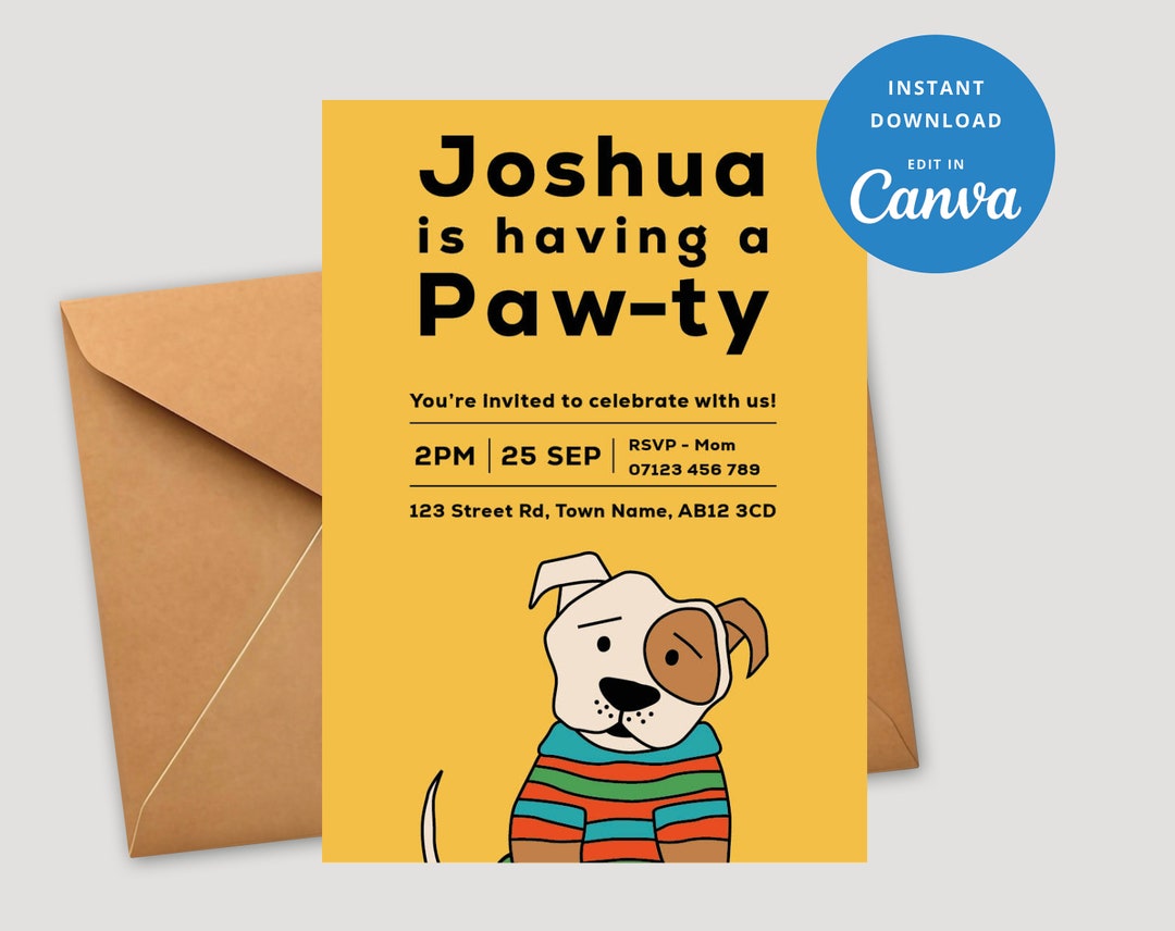 Dog Theme Kids Birthday Party Invitation Digital and Editable Invite ...