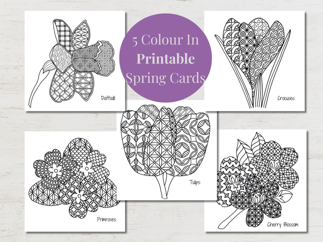 Printable Spring Flowers Cards to Colour, Spring Flowers, Instant ...
