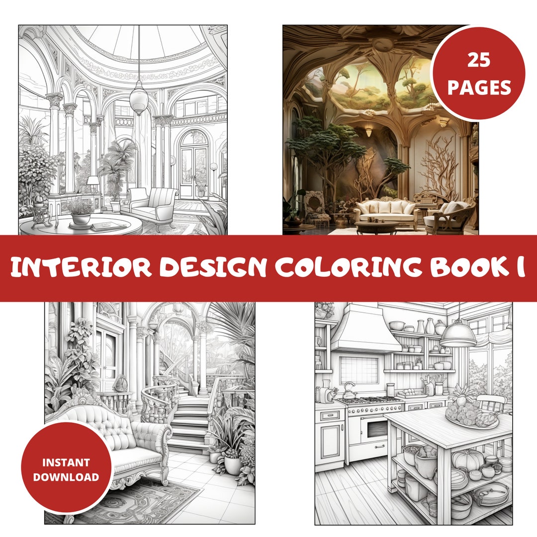 25 Grayscale Interior Desing Coloring Book 1 | Printable Adult Coloring ...