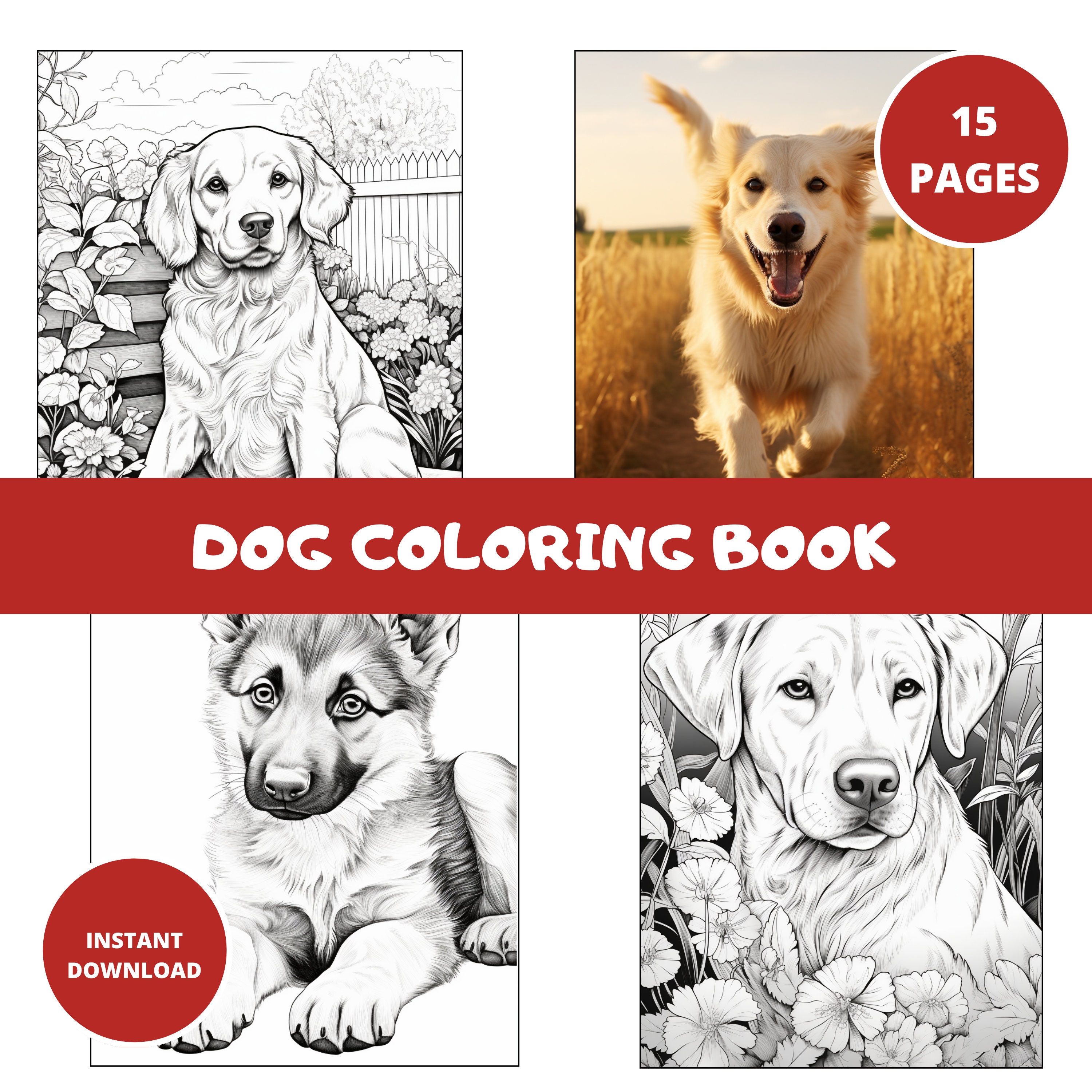 15 Grayscale Dogs Coloring Book | Printable Adult Coloring Pages ...