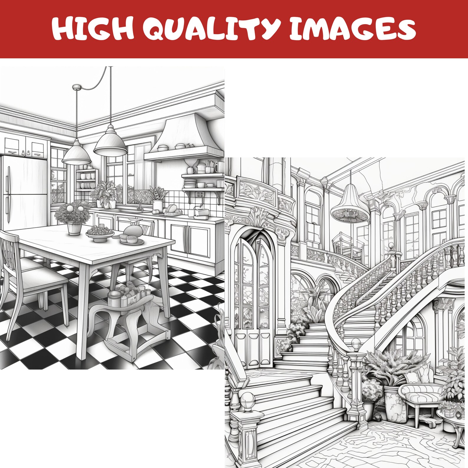 25 Grayscale Interior Desing Coloring Book 1 | Printable Adult Coloring ...