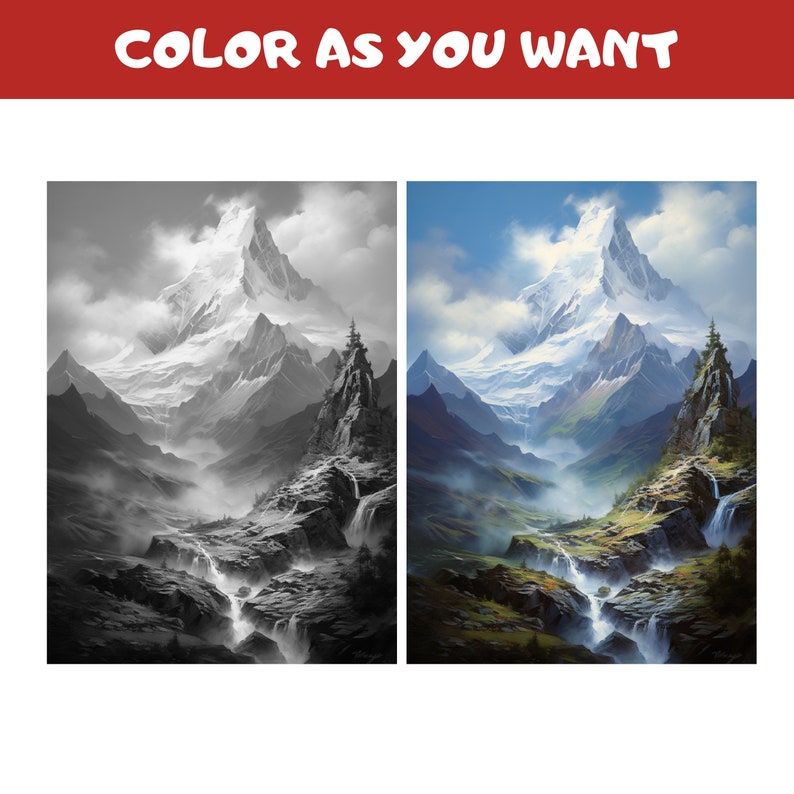 12 Grayscale Mountain Landscape Coloring Book | Printable Adult ...