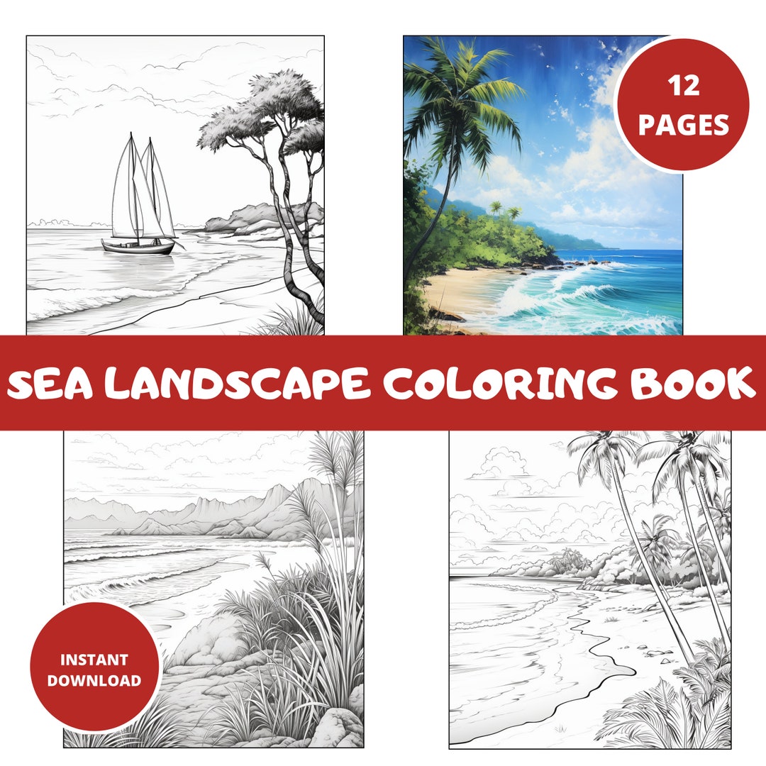 12 Grayscale Sea Landscape Coloring Book | Printable Adult Coloring ...
