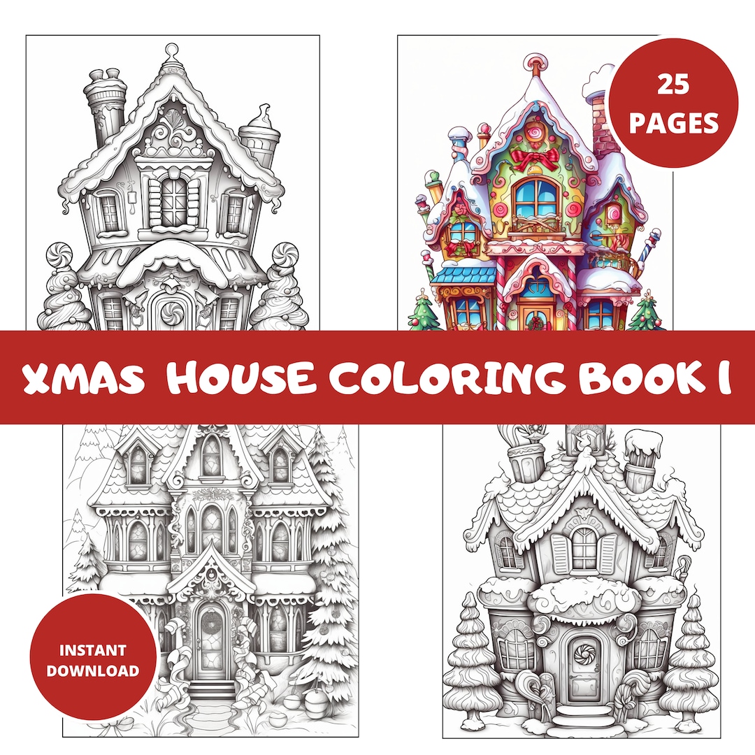 25 Grayscale Christmas House Coloring Book 1 | Printable Adult Coloring ...