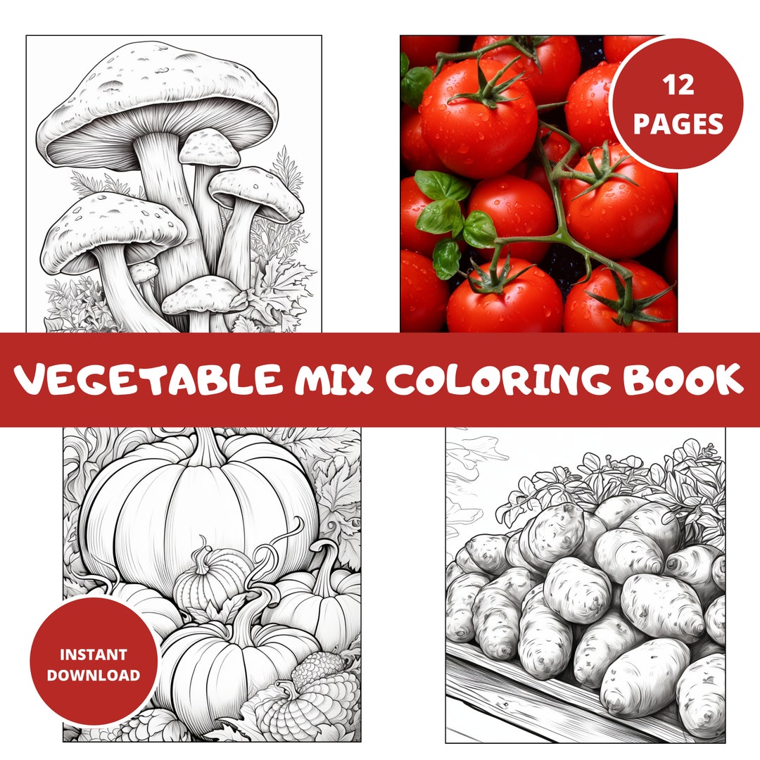 12 Grayscale Vegetable Coloring Book | Printable Adult Coloring Pages ...