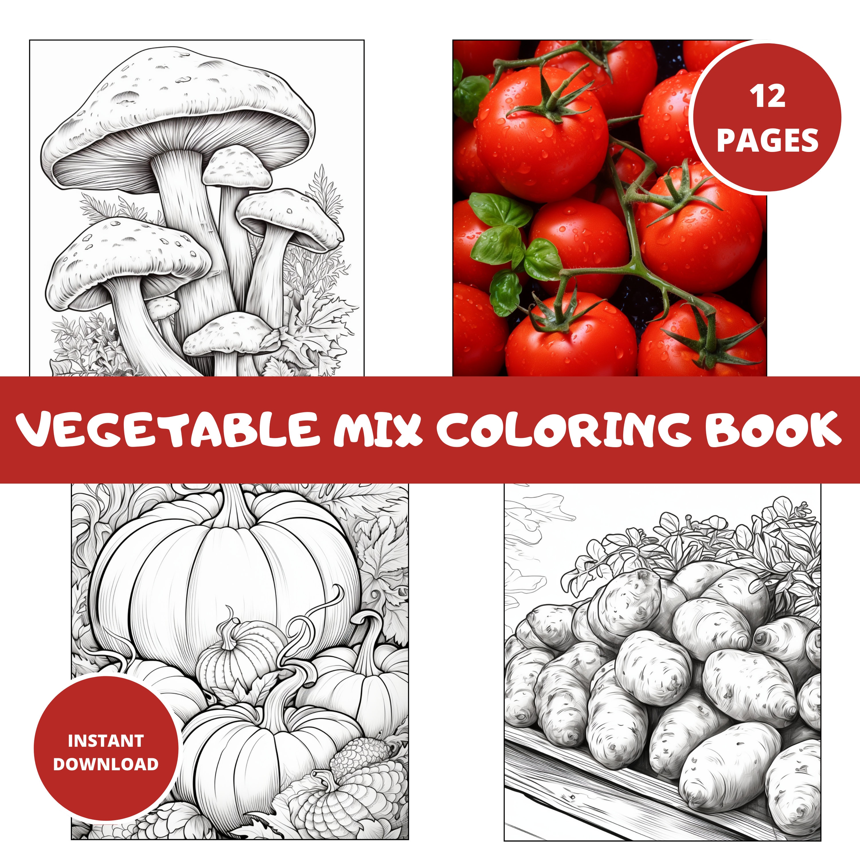 12 Grayscale Vegetable Coloring Book | Printable Adult Coloring Pages ...