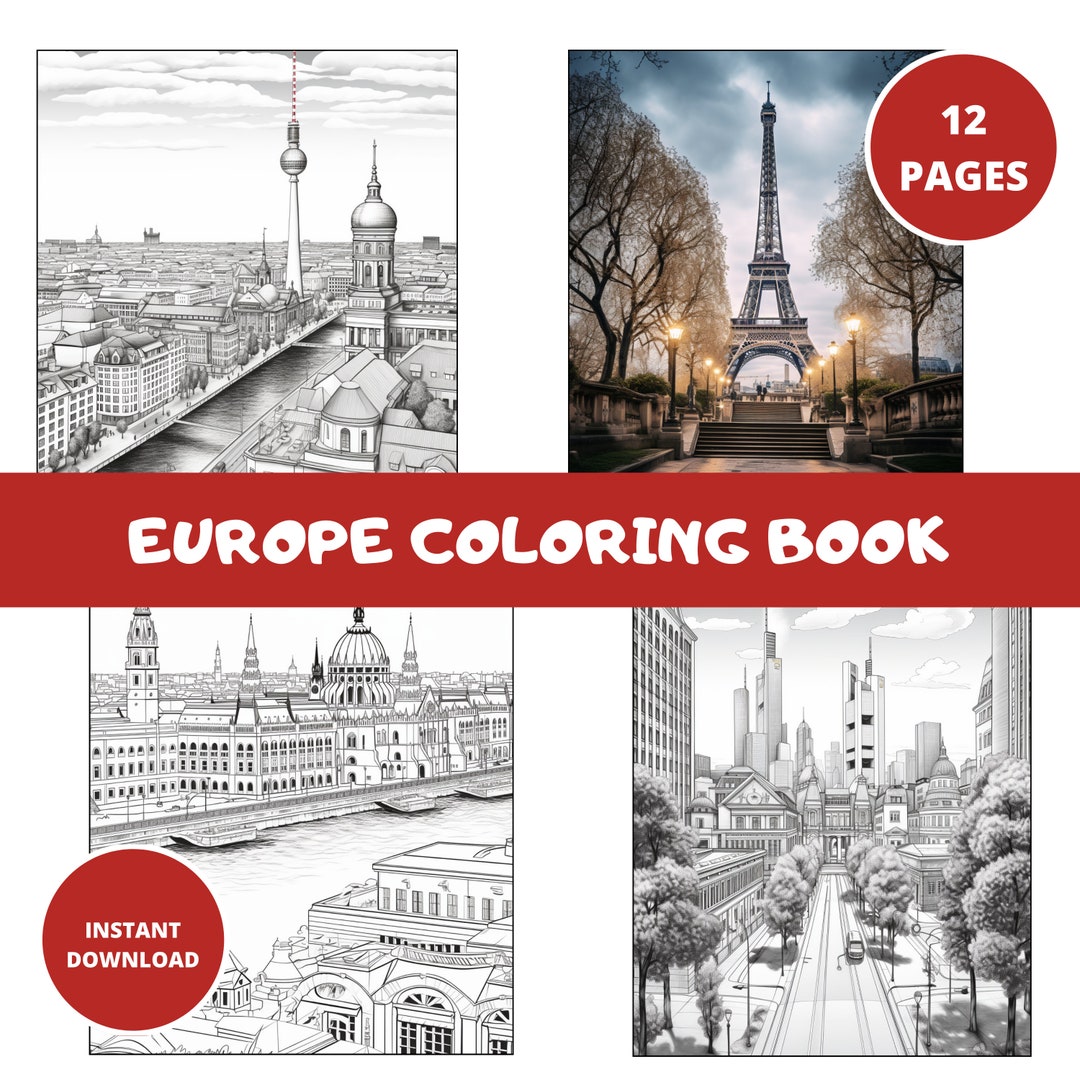 12 Grayscale City & Monuments Europe Coloring Book | Printable Adult ...
