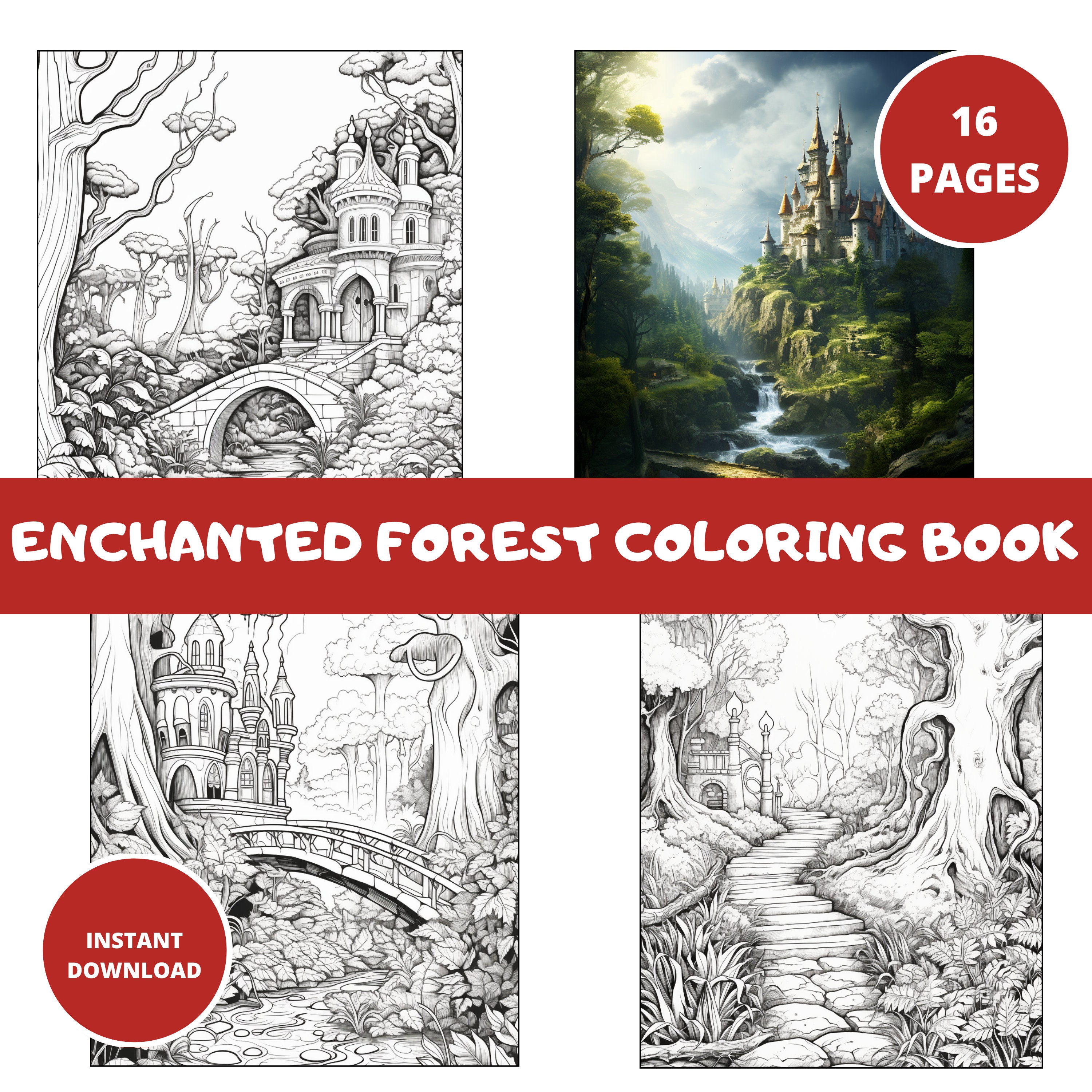 16 Grayscale Enchanted Forest Coloring Book | Printable Adult Coloring ...
