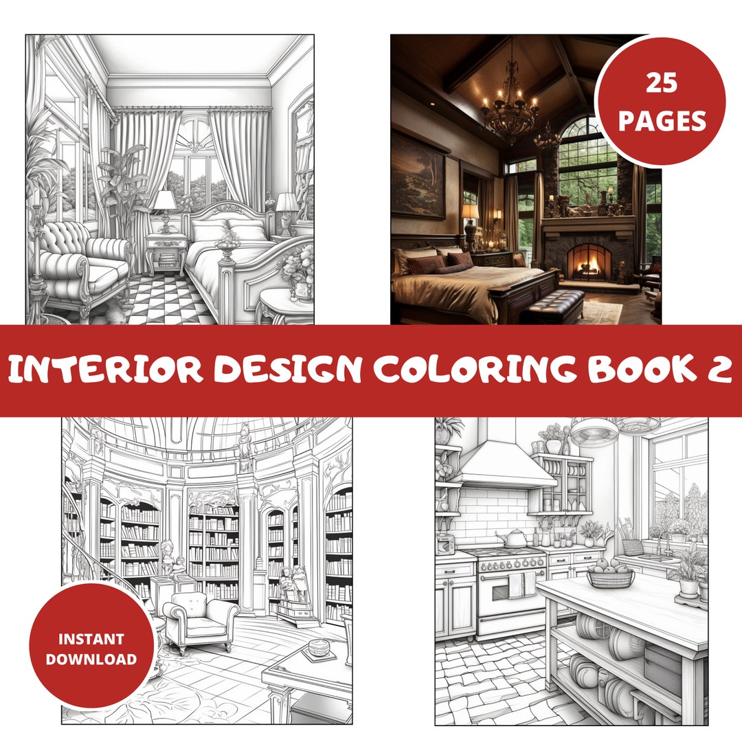 25 Grayscale Interior Desing Coloring Book 2 | Printable Adult Coloring ...