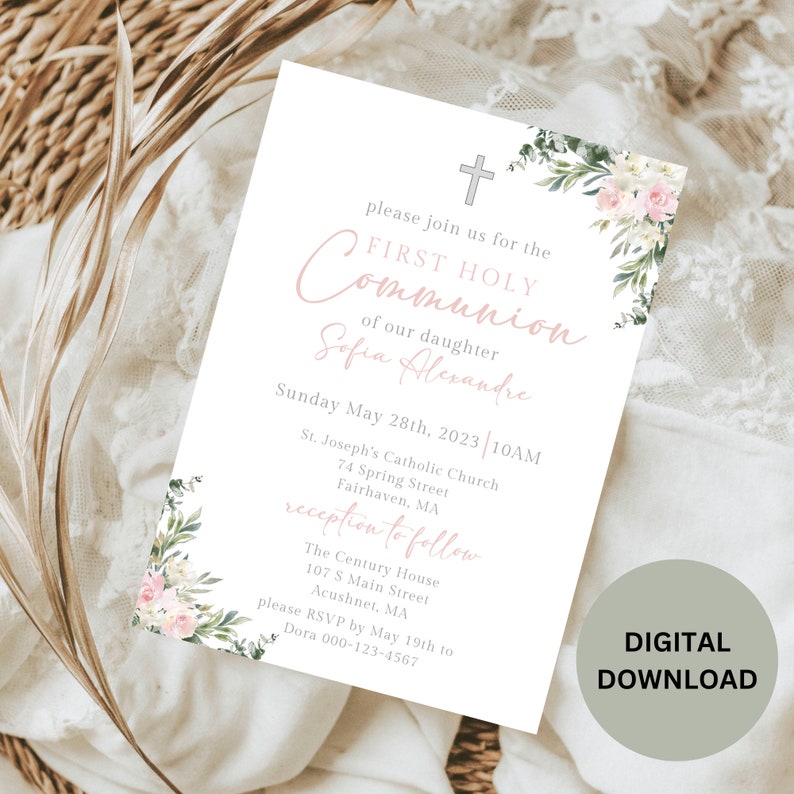 First Holy Communion Invitation Template, Rustic Pink Flowers ...