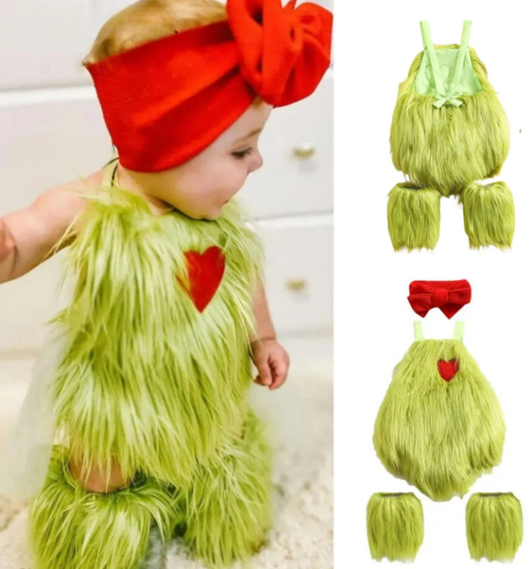 Grinch Girls Toddler Kids Christmas Costume Green Red Santa - Etsy